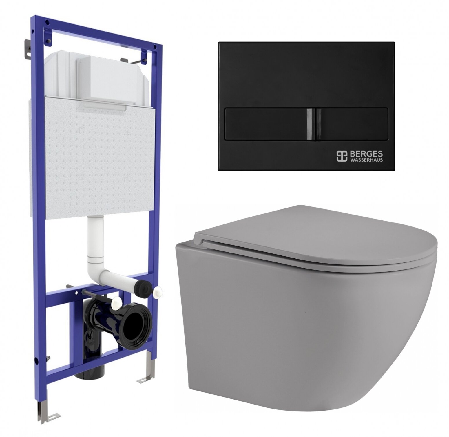 Комплект 3 в 1 инсталляция Berges Wasserhaus Novum L5 + Унитаз подвесной Weltwasser WW Merzbach 043 MT-GR + кнопка черная
