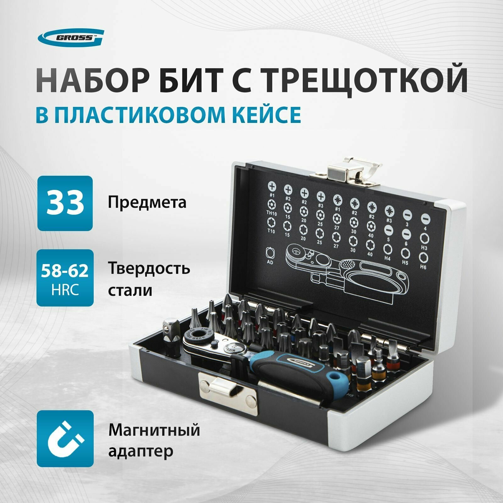 Биты для шуруповерта GROSS, 1/4 посадка, сталь S2, ключ-трещотка с реверсом, магнитный адаптер и переходник, набор из 33 предметов в кейсе 11365