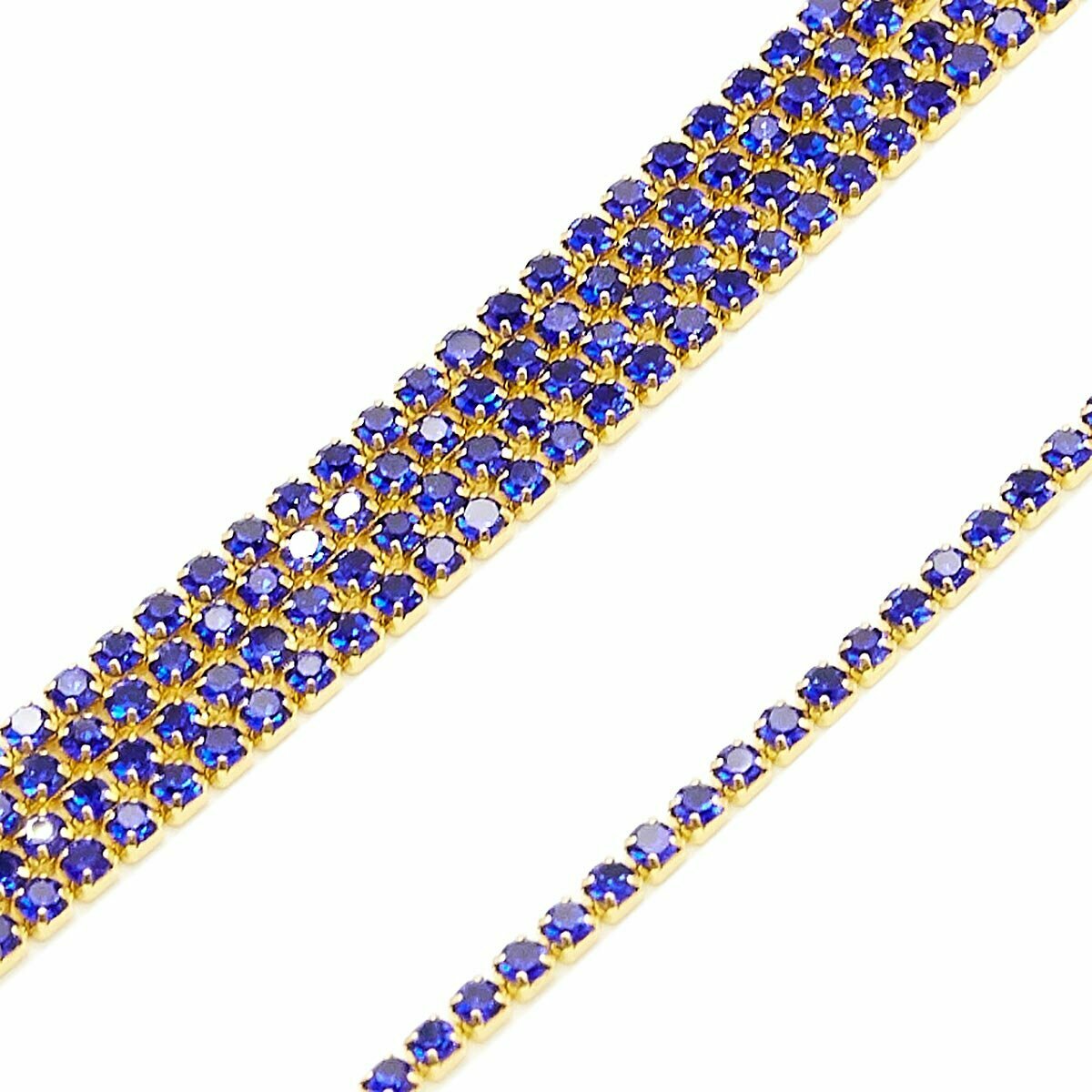 Стразы на цепочке синие, 2 мм*9,14 м, в золотом металле, Айрис, SS6,5