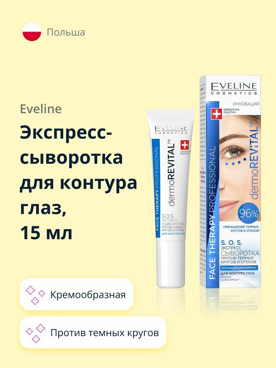 EVELINE Экспресс-сыворотка для контура глаз DERMOREVITAL против темных кругов и отеков 15 мл