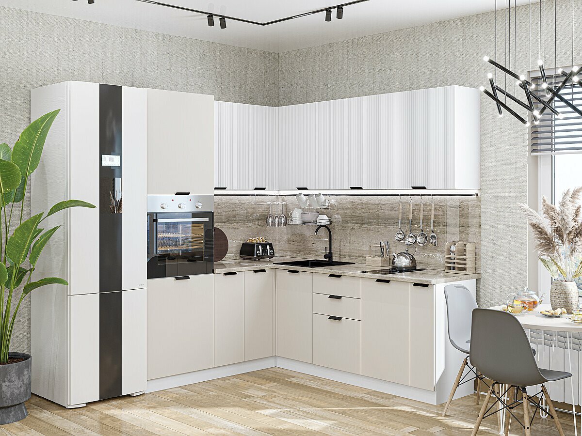 Кухня модульная угловая МДФ фасады, ЛДСП корпус, матовая Евро Лайн-04 со столешницей 2140*1800-2150*600 Белый-Агат