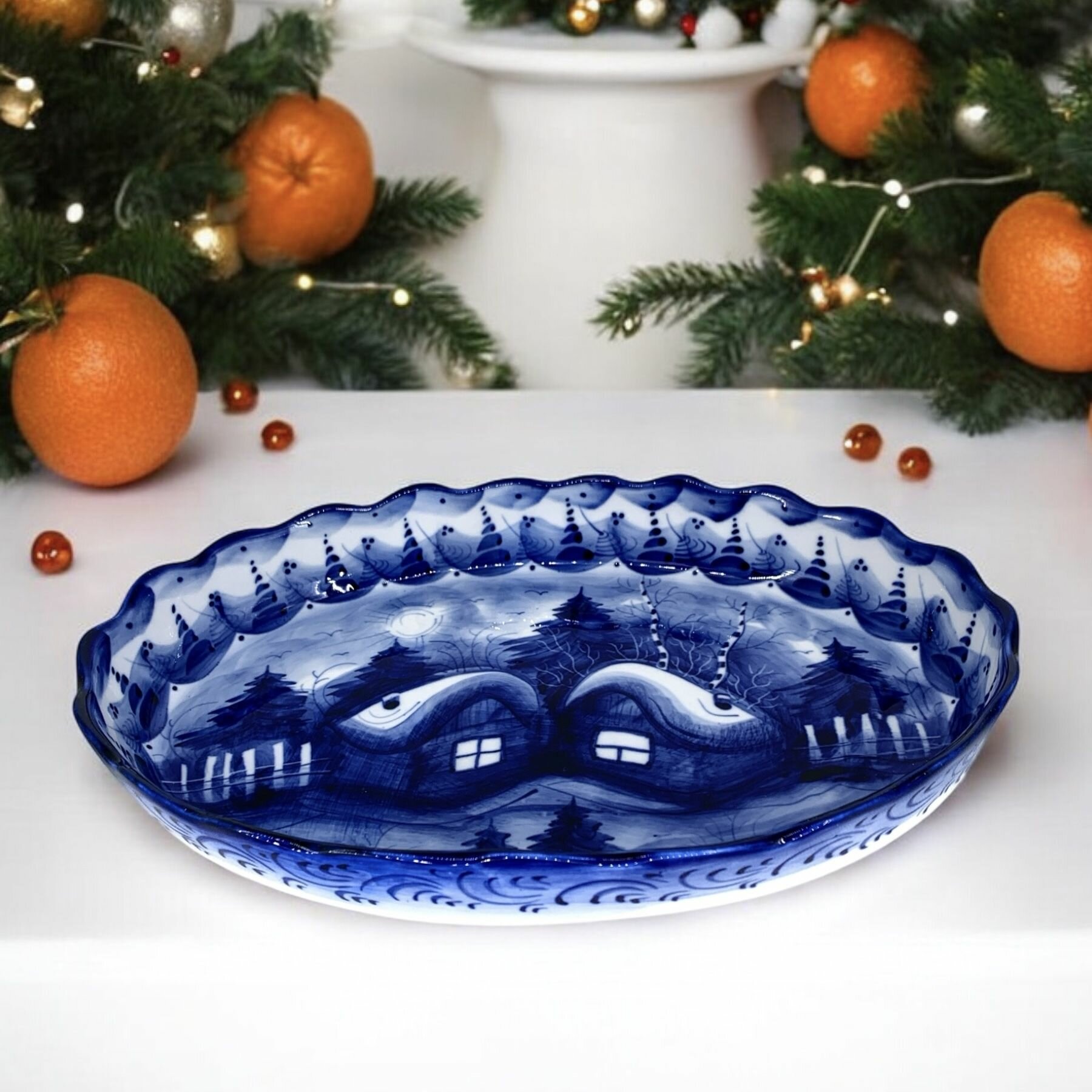 Салатник "Пейзаж" 1400 мл гжель фарфор ручная работа