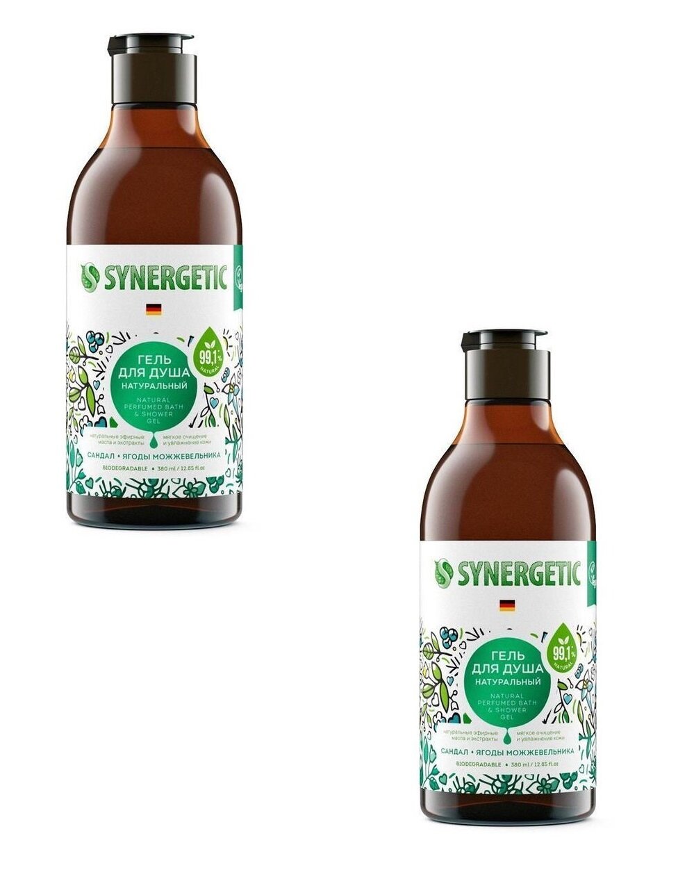 Натуральный гель Synergetic для душа "Сандал и ягоды можжевельника", 380мл, 2 шт