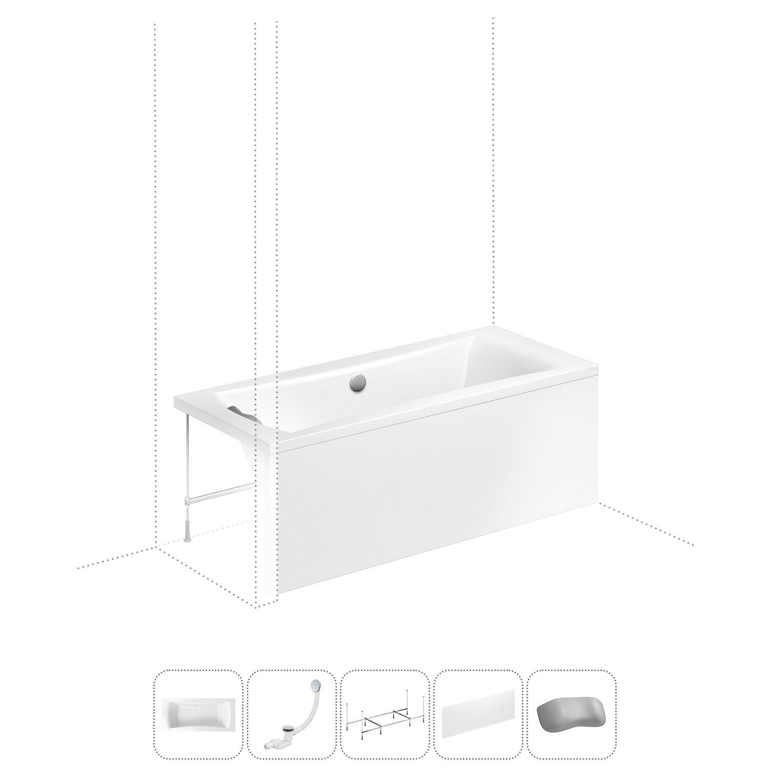 Акриловая ванна 180x80 с каркасом и экраном Lavinia Boho Evan 202011619 в наборе 5 в 1: прямоугольная ванна 180 x 80 см, слив-перелив, каркас, экран, подголовник