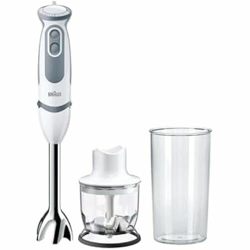 Ручной блендер Braun MultiQuick 5 Vario MQ 5220WH палочка для пюре с подставкой из нержавеющей стали, 1000 Вт, включает набор аксессуаров из 2 предметов, белого/серого цвета.