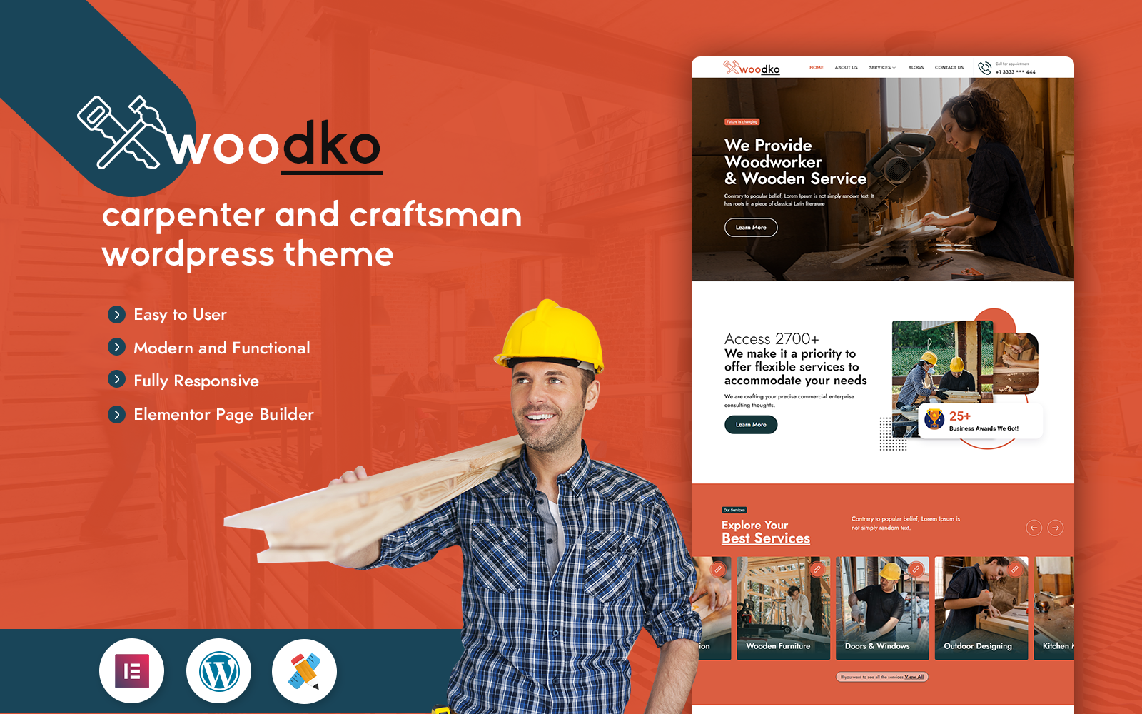 Подарочный сертификат на Шаблон для сайта Вордпресс с демоконтентом Woodko - Carpenter and Craftsman WordPress theme WordPress Theme