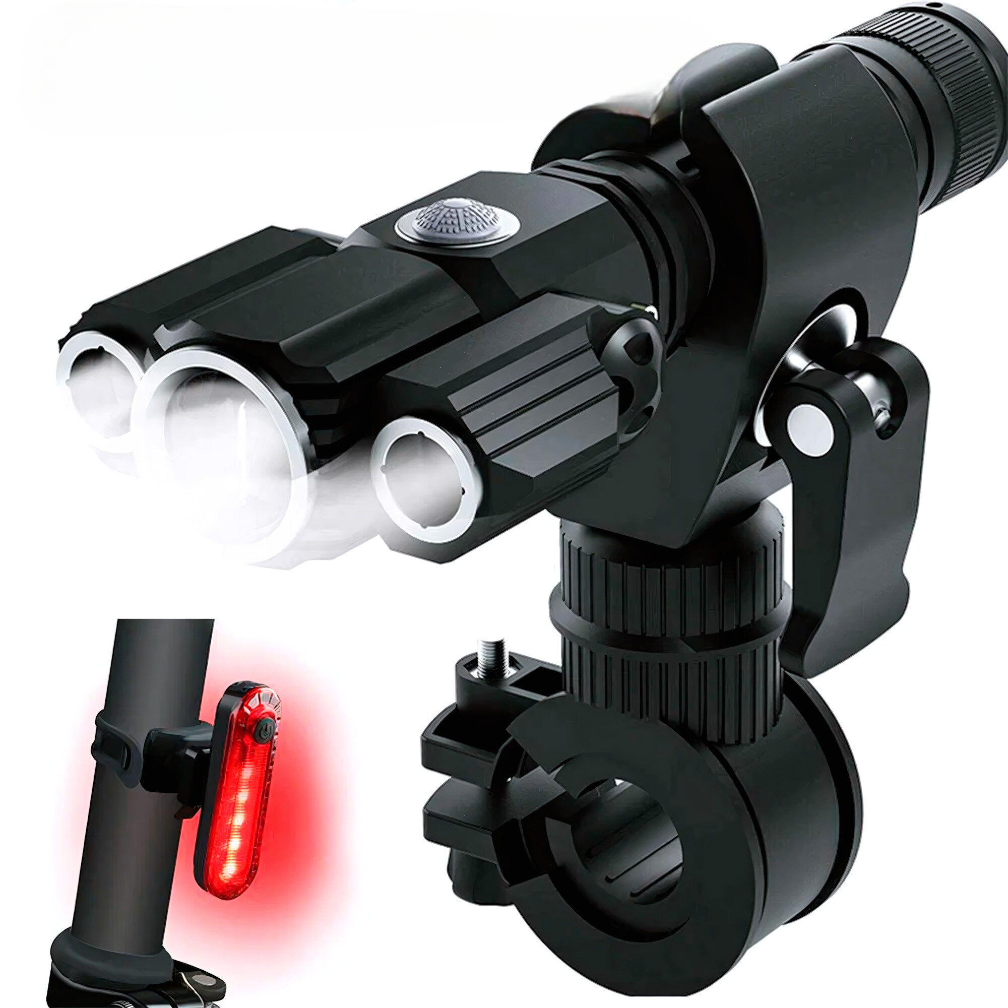 Фонарик велосипедный на руль Kesen, 3 LED, 500 люмен, с кронштейном и USB зарядкой, в комплекте с задним фонарем