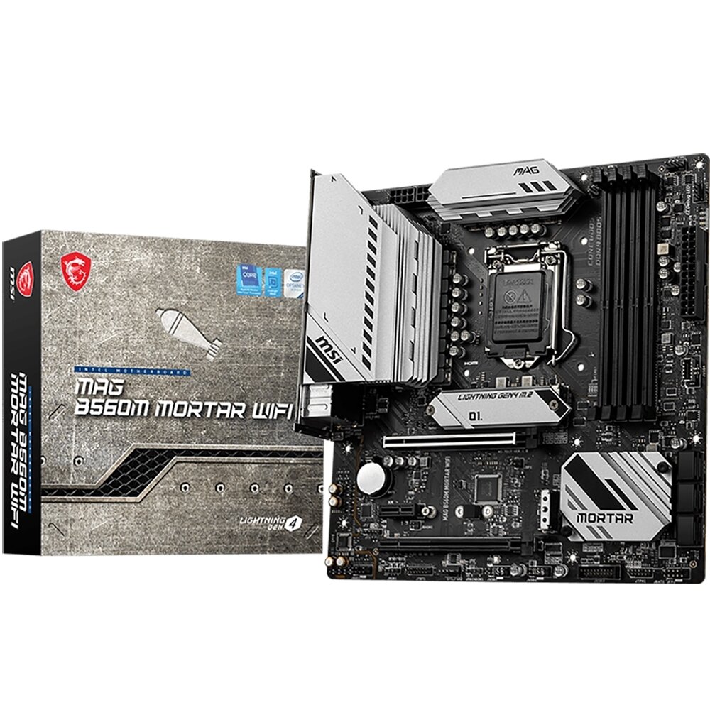 Материнская плата MSI MAG B560M MORTAR WIFI, mATX, Socket 1200, IntelB560, 4xDDR4-2933, HDMI+DP, 2xPCI-Ex16, 1xPCI-Ex1, 6xSATA3, 2xM.2, 8 Ch Audio, 2.5GLan, Wi-Fi 6E AX210 , (4+4)xUSB2.0, (3+2)xUSB3.2, (1+1)xUSB3.2 Type-C, RTL