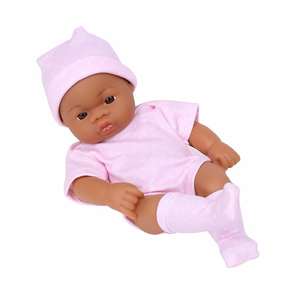 Мини-чернокожая резиновая кукла - коричневая кожа - светло-розовые горошки