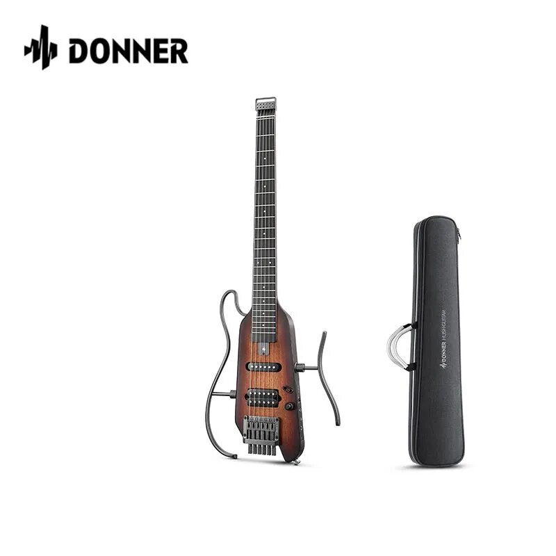 Donner HUSH-X Sunburst Безголовая бесшумная акустическая электрическая дорожная гитара со съемными рамами, ультралегкий твердый корпус из красного дерева Donner HUSH X