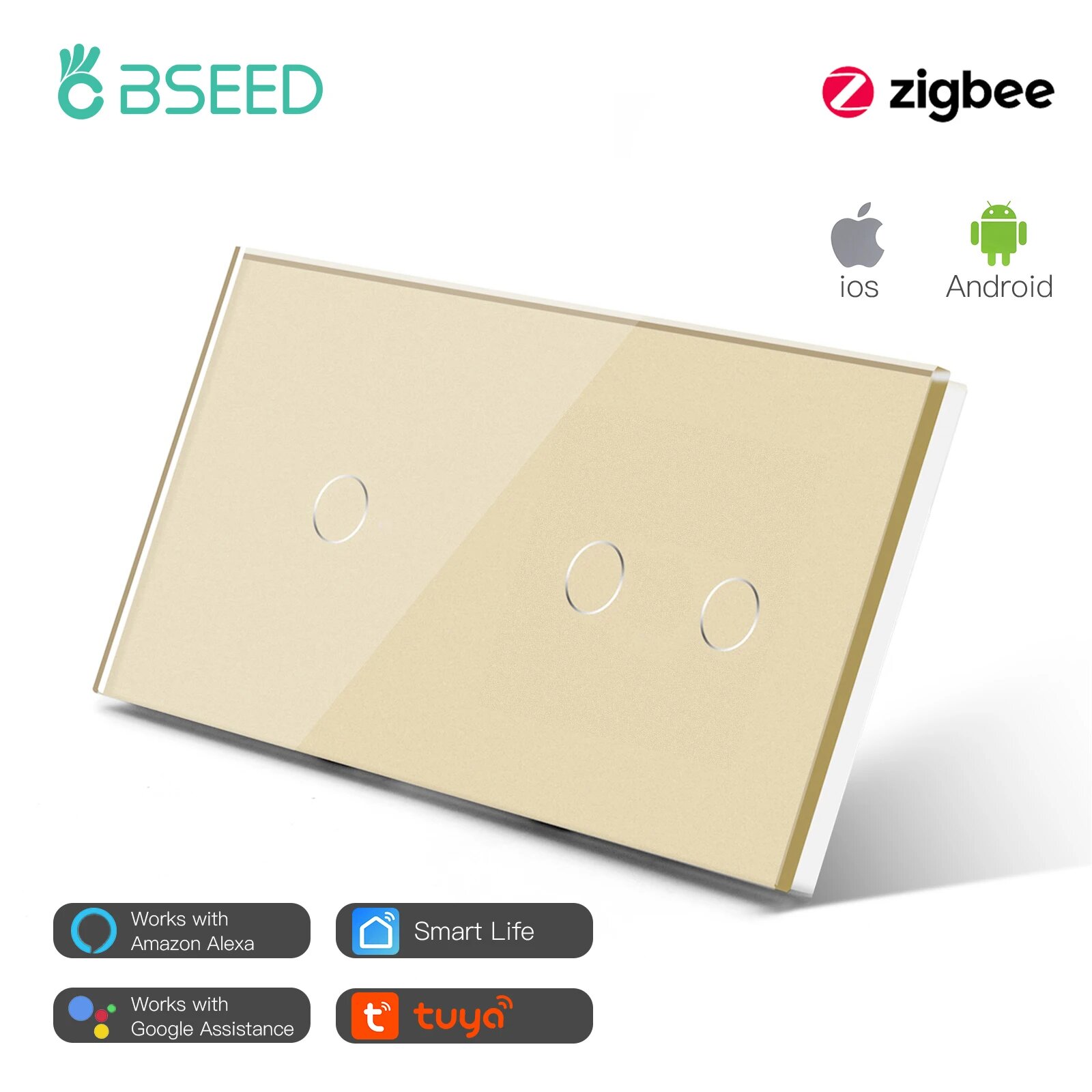 Беспроводные сенсорные выключатели BSEED Zigbee 3 клавиши Zigbee 1G 2G Gold