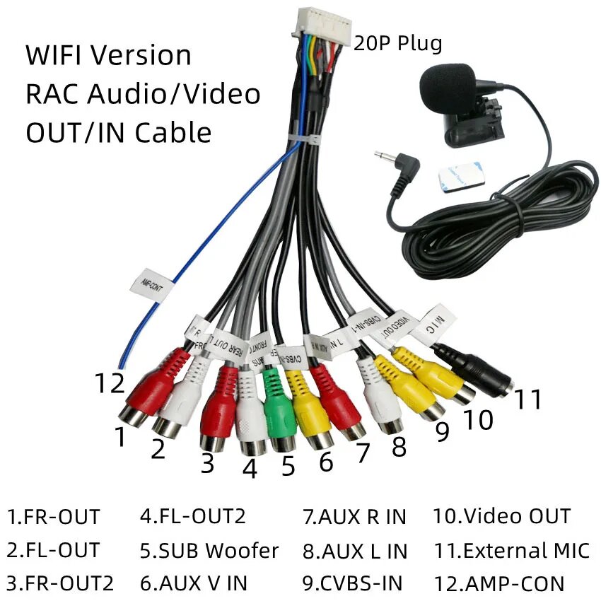 FR/FL * 2 сабвуфер, аксессуары для аудиовыхода, 20-контактный кабель RCA, дополнительный микрофон, Android автомобильное радио, стерео, авто мультимедиа, Carplay