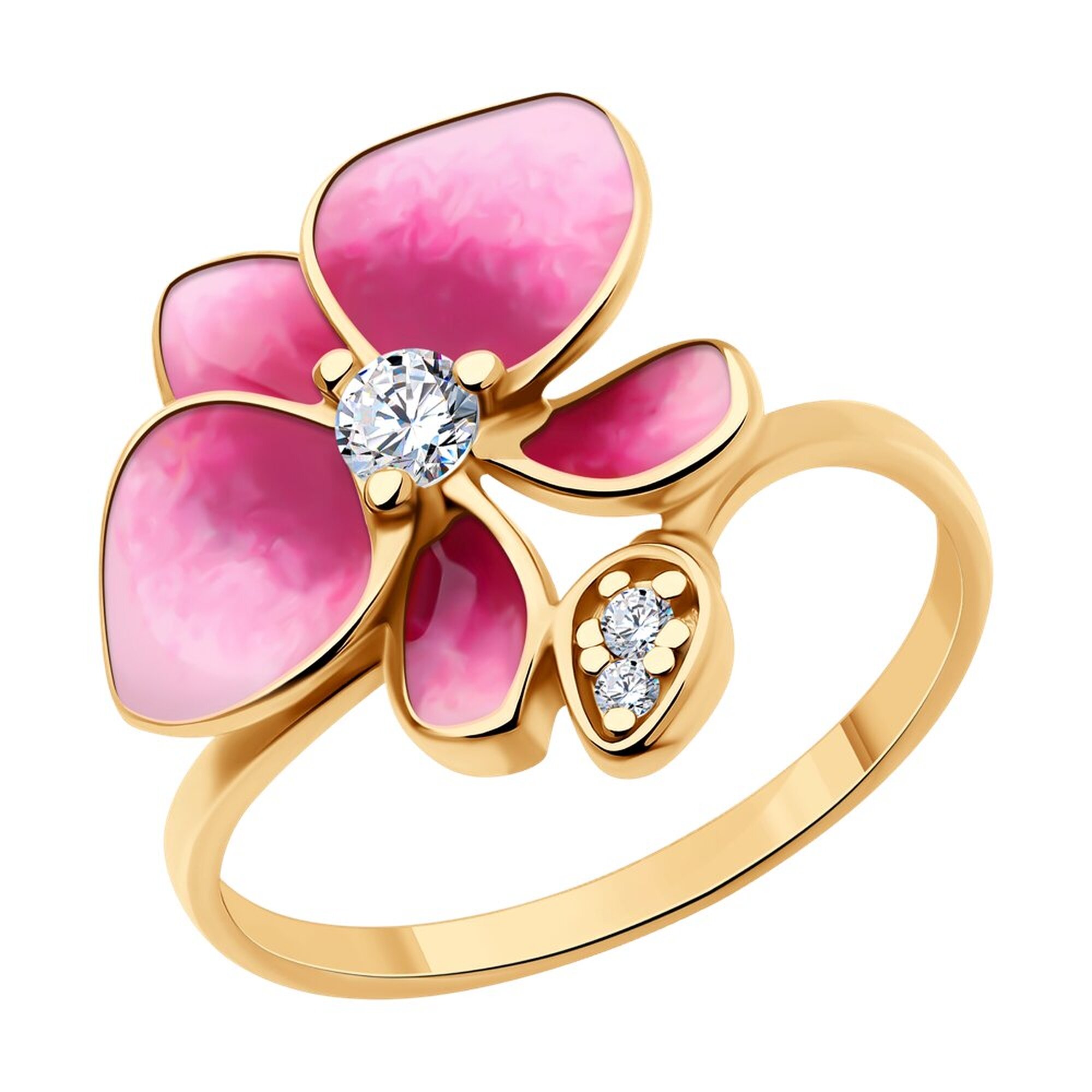 Кольцо, серебро, 925 проба, золочение, эмаль, фианит