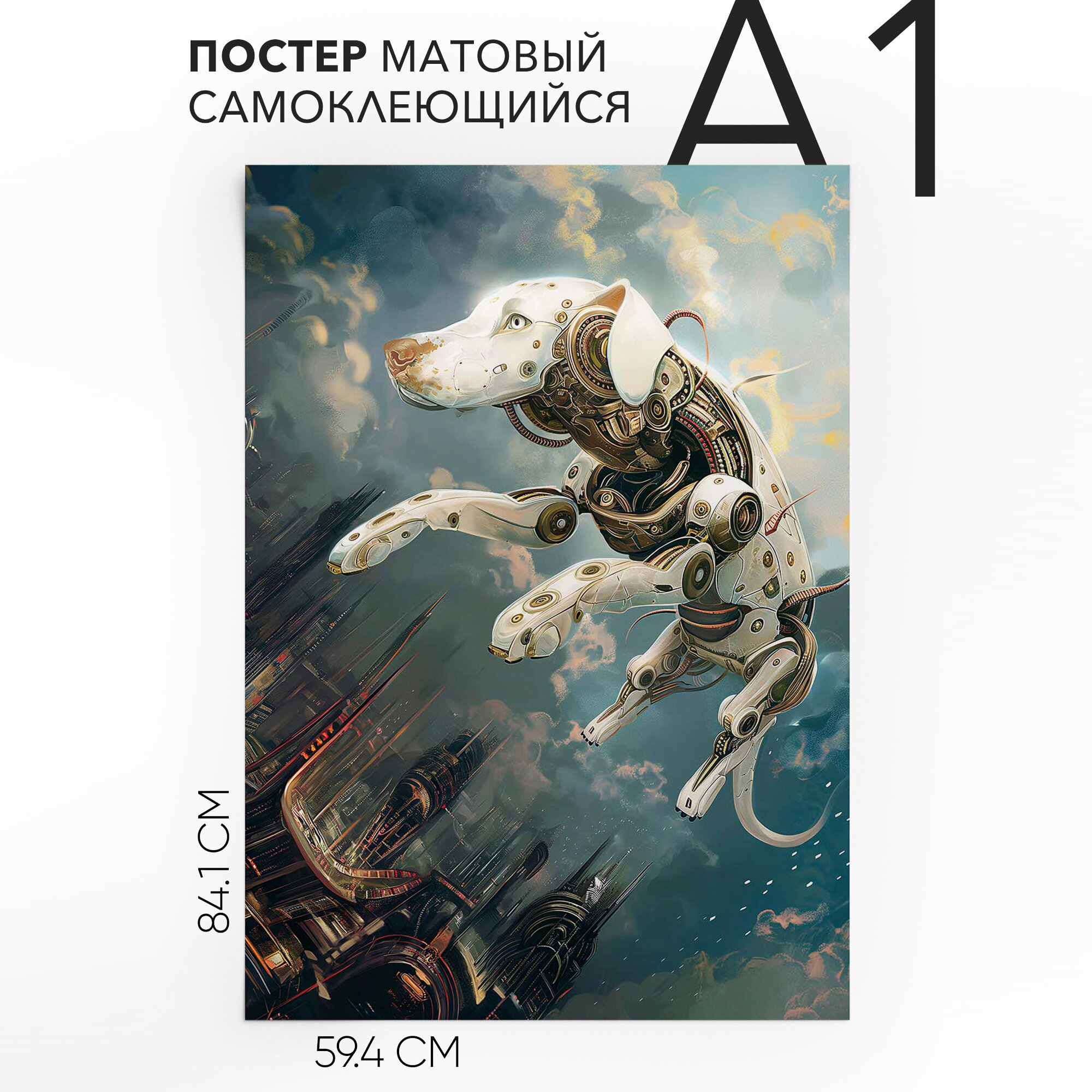 Постеры на стену самоклеящийся, большой A1 Собака из будущего, влагостойкий, для декора
