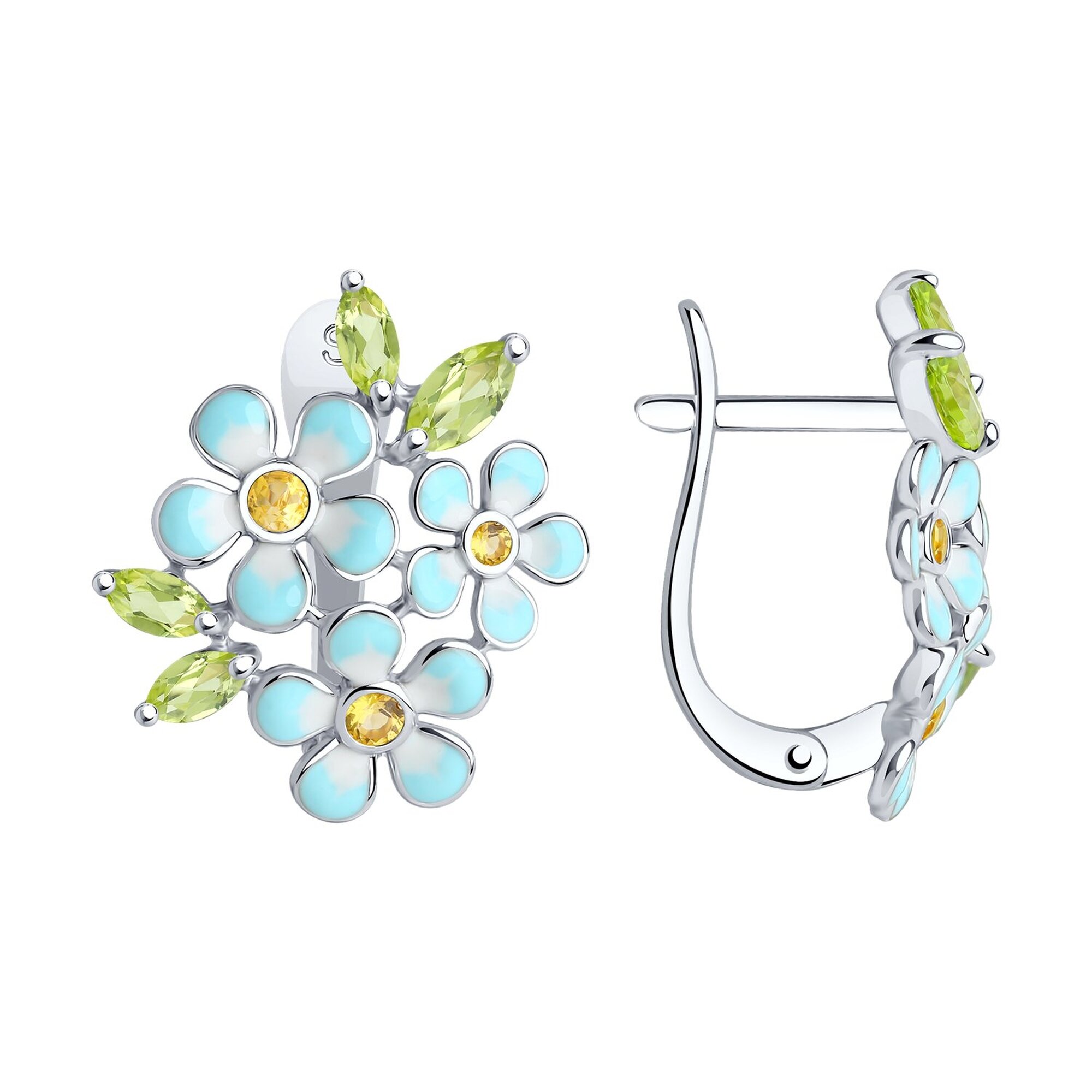 Серьги, серебро, 925 проба, родирование, хризолит, фианит, эмаль