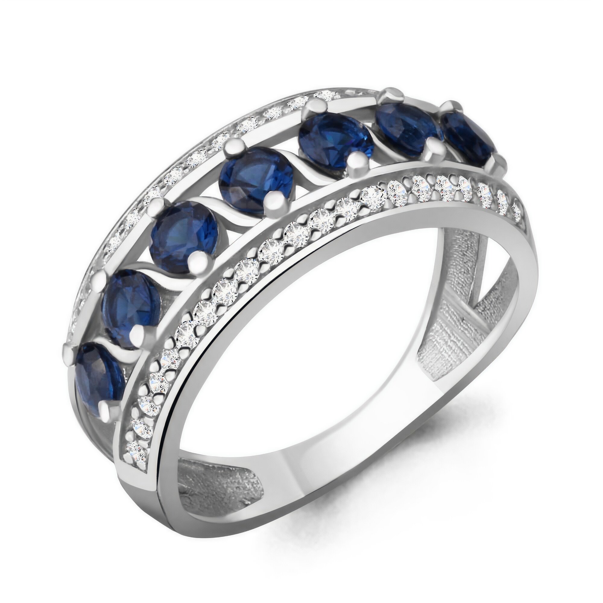 Кольцо широкое, дорожка, серебро, 925 проба, родирование, фианит, сапфир синтетический