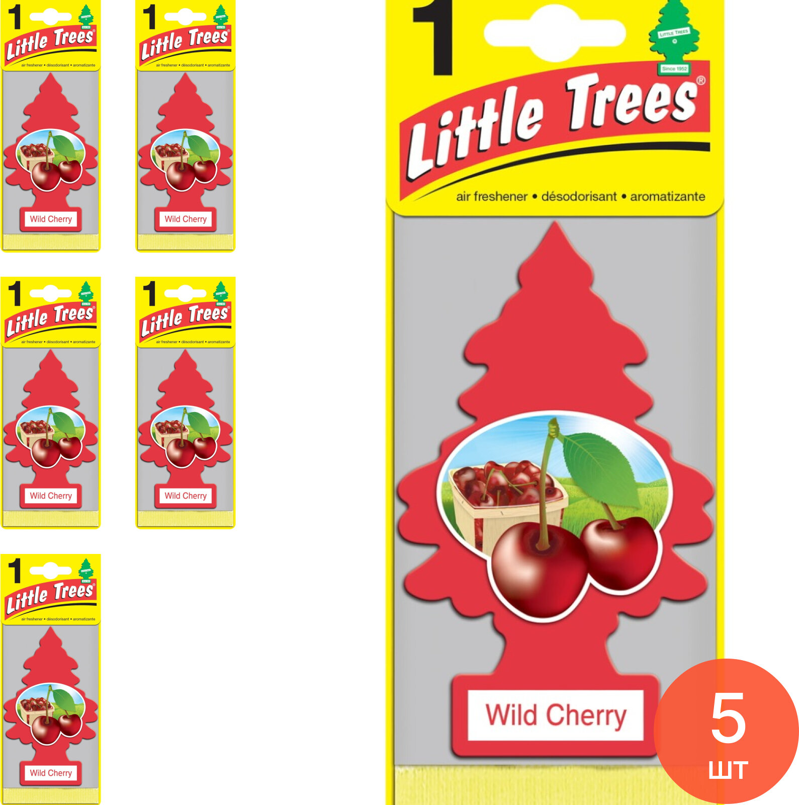 Ароматизатор автомобильный Little Trees / Литтл Трис Ёлочка Wild Cherry подвесной, дикая вишня / автотовары (комплект из 5 шт)