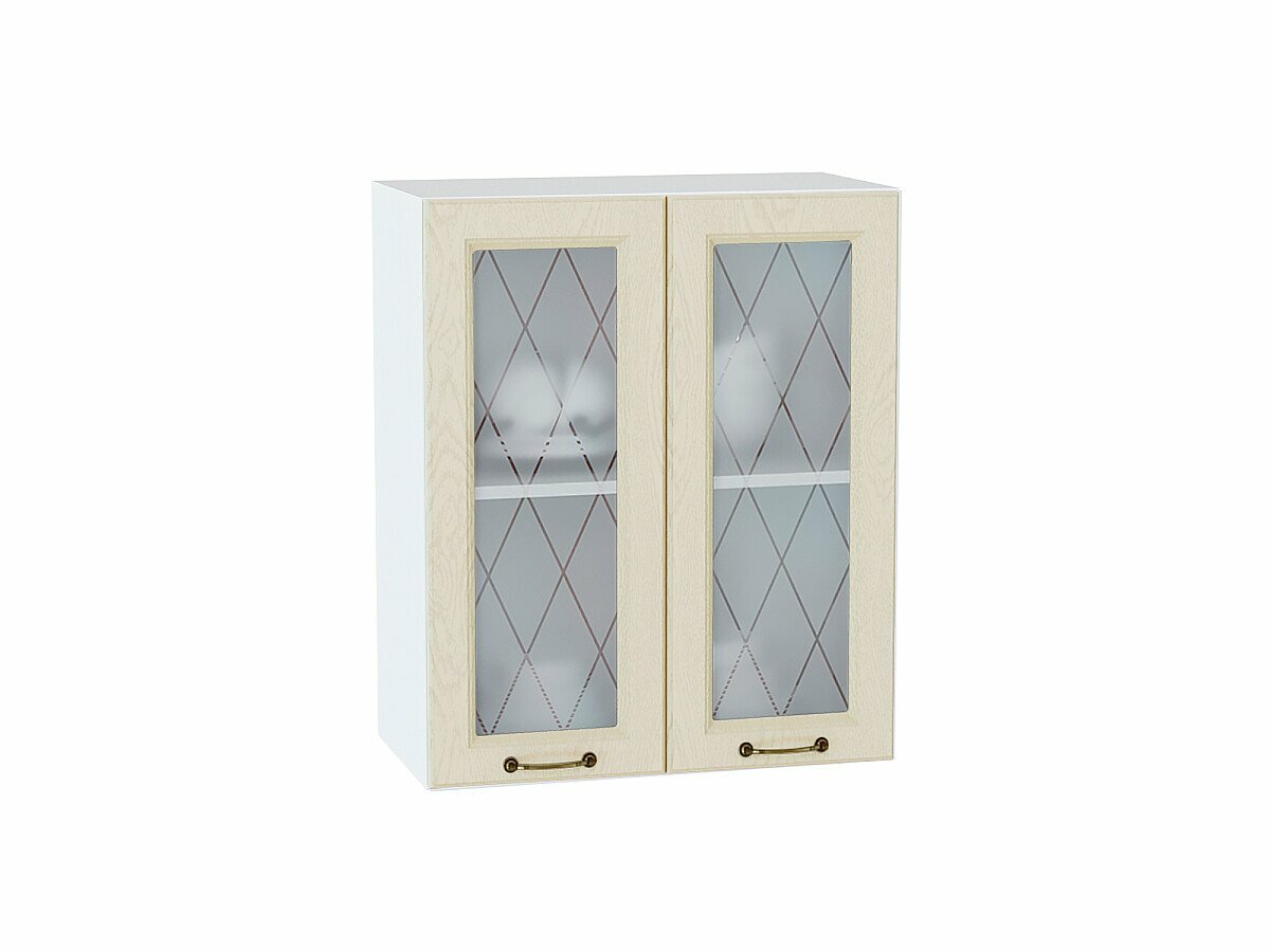 Шкаф верхний с 2-мя остекленными дверцами Ницца, цвет фасада Дуб крем, цвет каркаса Белый, стекло White Сrystal, 716*600*318 мм