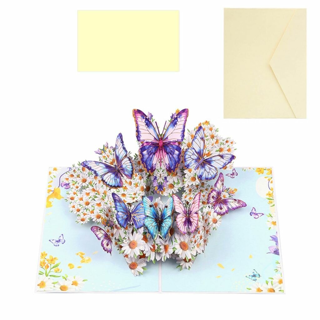 Голубая печать цветок бабочка 3D трехмерная поздравительная открытка