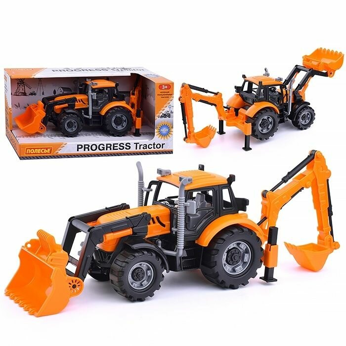 Экскаватор-погрузчик инерционный Полесье "Прогресс", оранжевый, пластик, в коробке (91789)