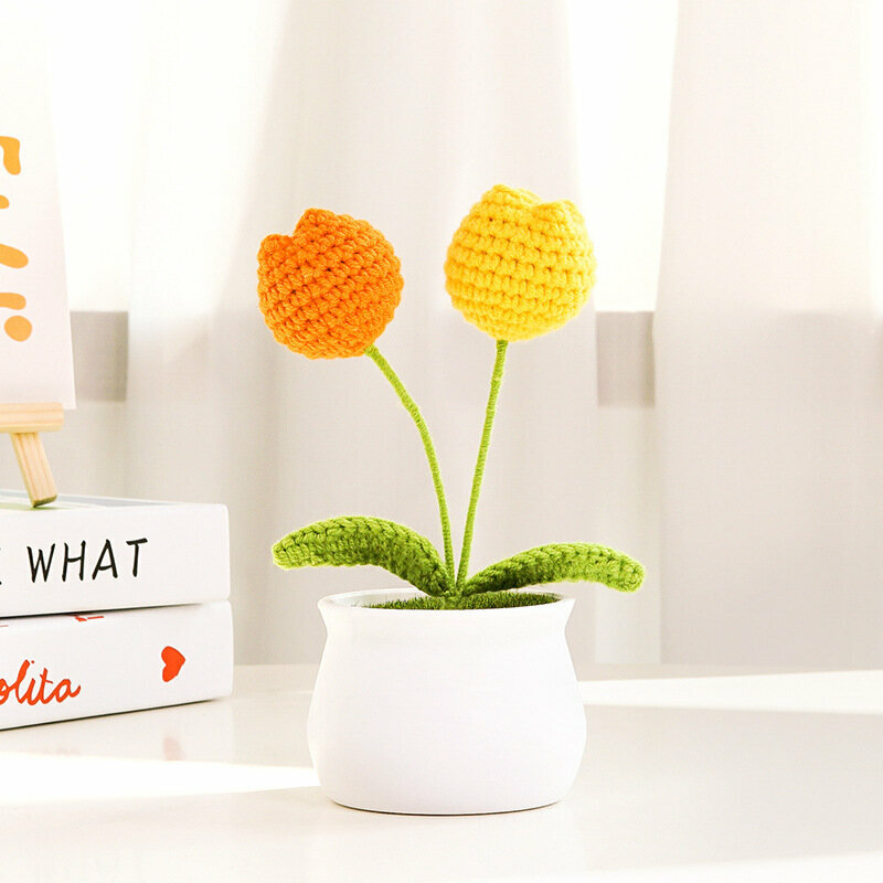 Вязаный горшок с тюльпанами (2 цветка, ручная работа, домашний декор)