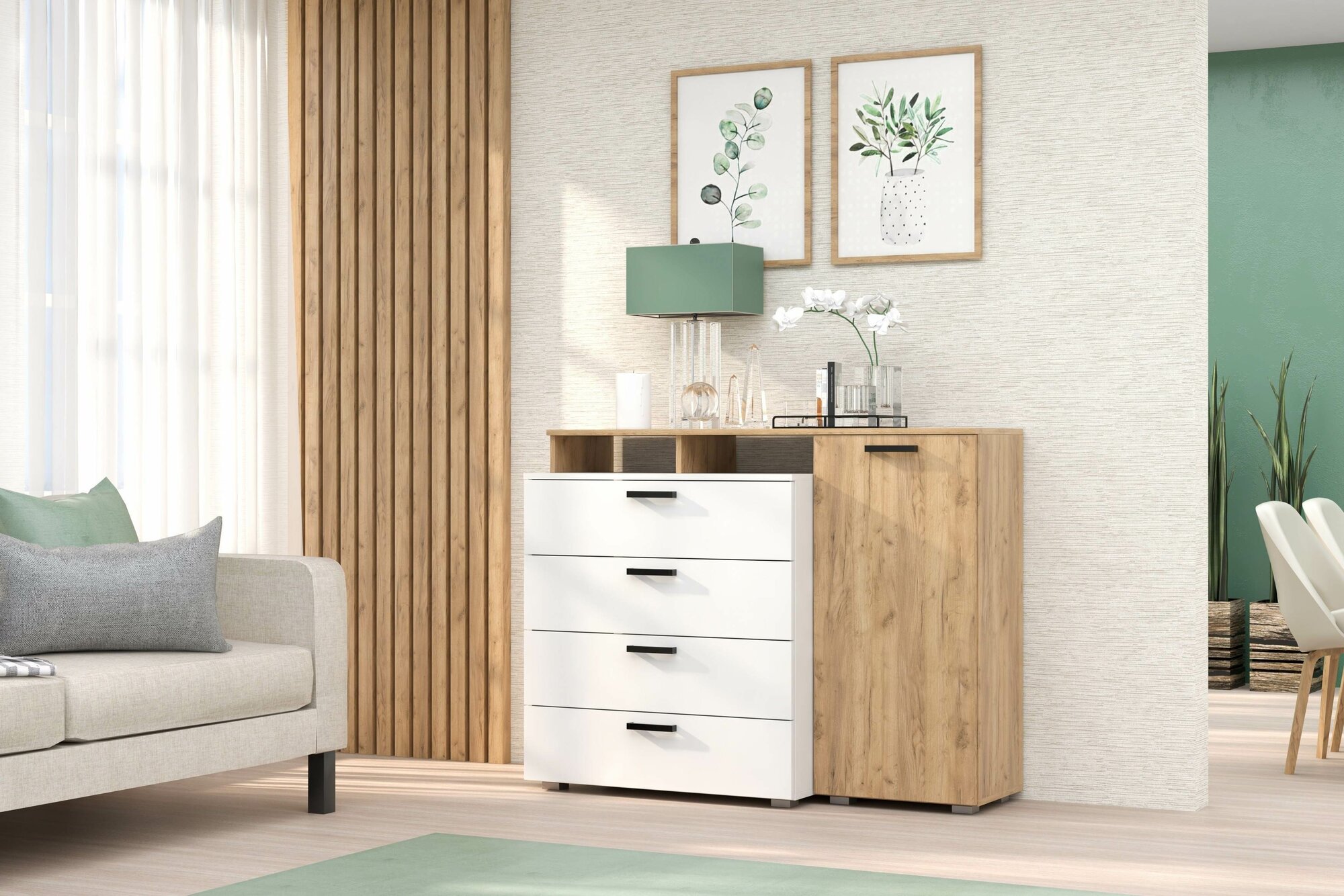 Комод для одежды с ящиками, ширина 125 см, 4 ящиков, Цвет Дуб крафт золотой/Белый шагрень, для игрушек, для вещей, для белья