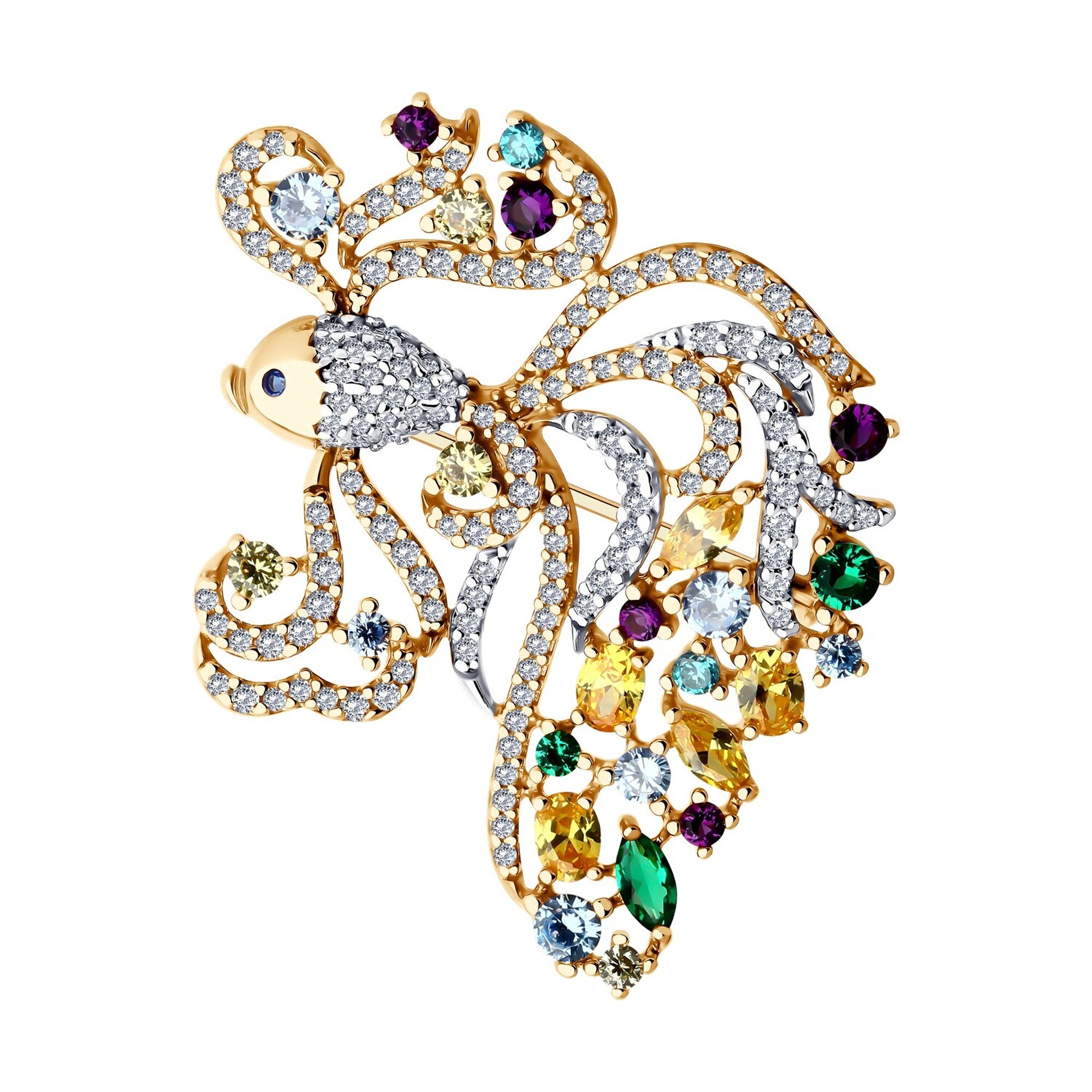 Брошь, серебро, 925 проба, золочение, фианит