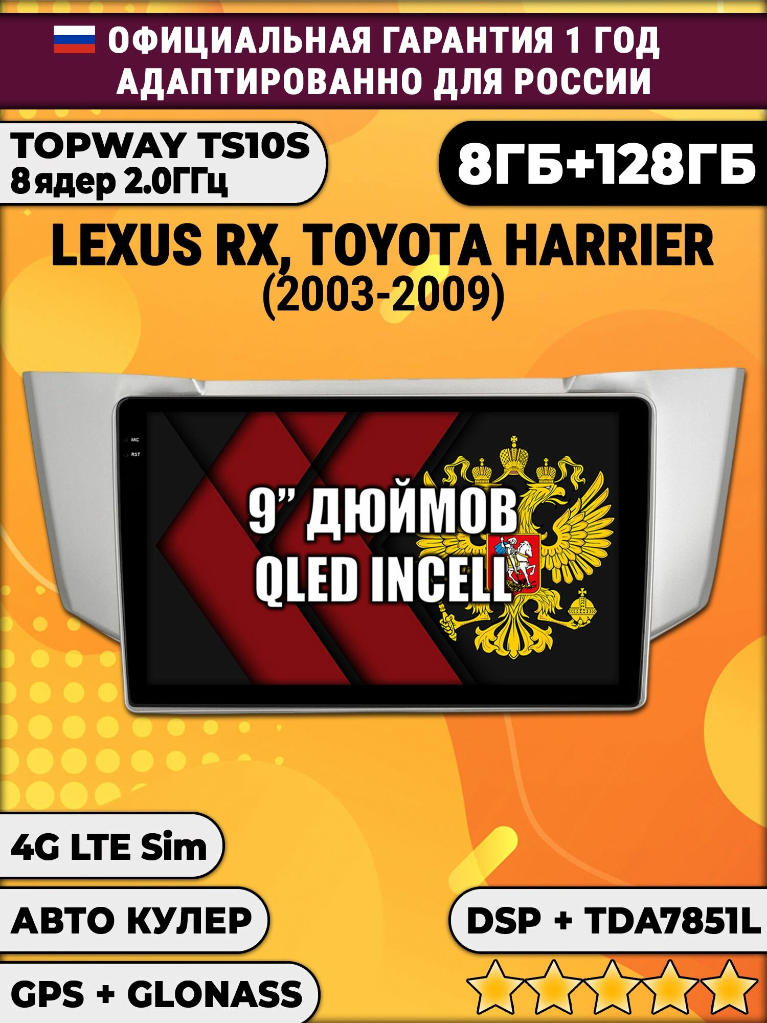 8 ядер TS105, память 8/128гб для LEXUS RX300 RX330 RX350 (2003-2009), Android магнитола
