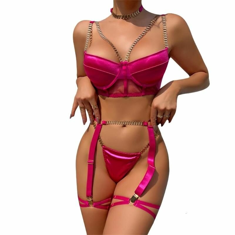 Кружевной комплект нижнего белья с подтяжками, Розово-красный - M