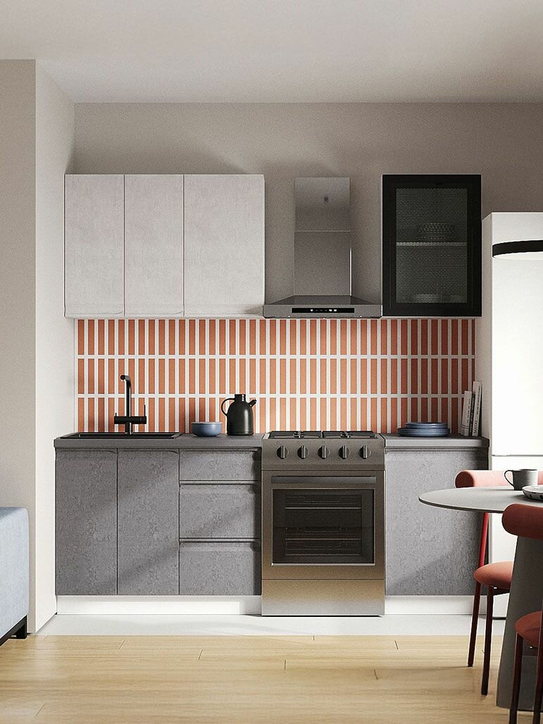 Кухонный гарнитур Велюр 150 см, мебель для дома и кухни, Белый / Бетон снежный / Черный, стекло / Бетон графит