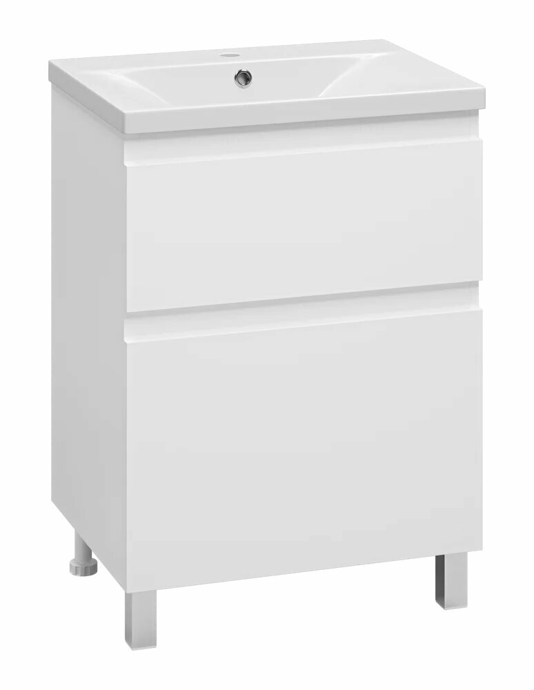 Тумба с раковиной Misty Лаки 60 напольная, 61 см, белая, глянцевая, из МДФ, с ящиками, раковина для ванной, фарфоровая, прямоугольная, встроенный слив-перелив