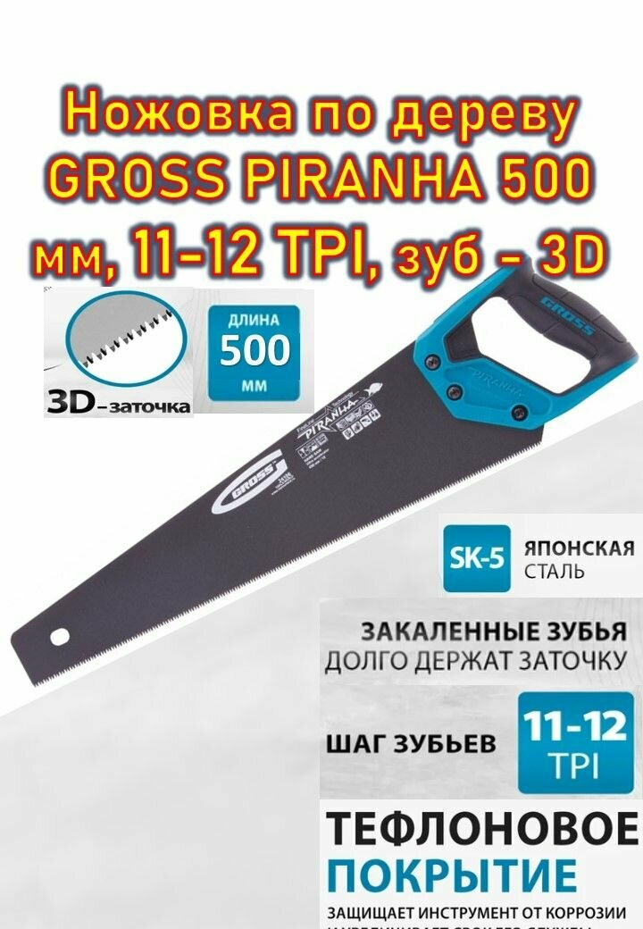Ножовка по дереву GROSS PIRANHA 500 мм,11-12 TPI, зуб-3D, двухкомпонентная рукоятка