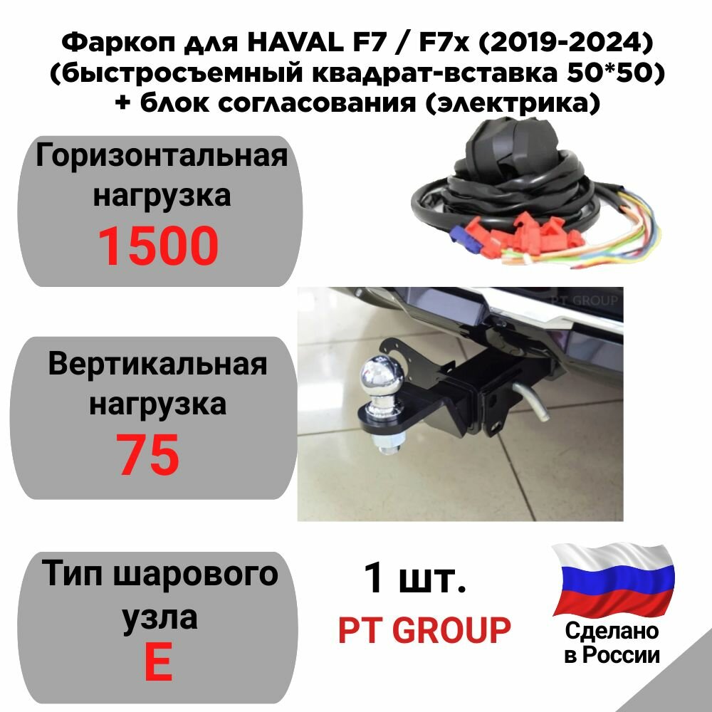 Фаркоп для HAVAL F7 / F7x (2019-2024) (быстросъемный квадрат-вставка 50*50) с электрикой