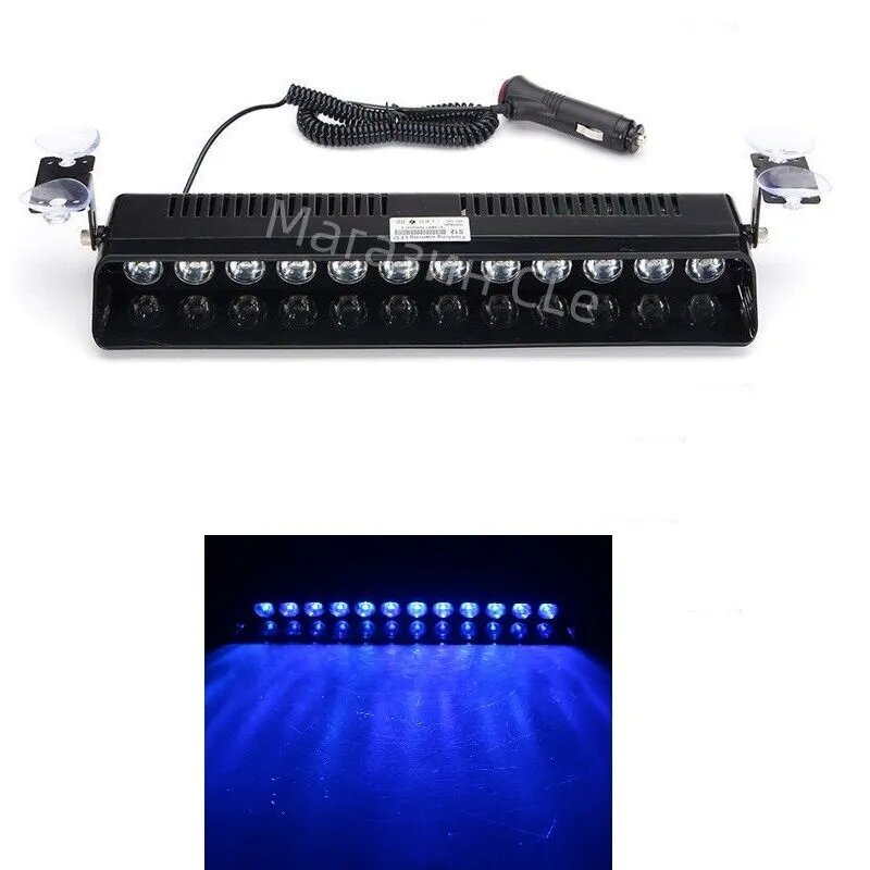 12 светодиодов Автомобильный стробоскоп с присоской, синий цвет 32см