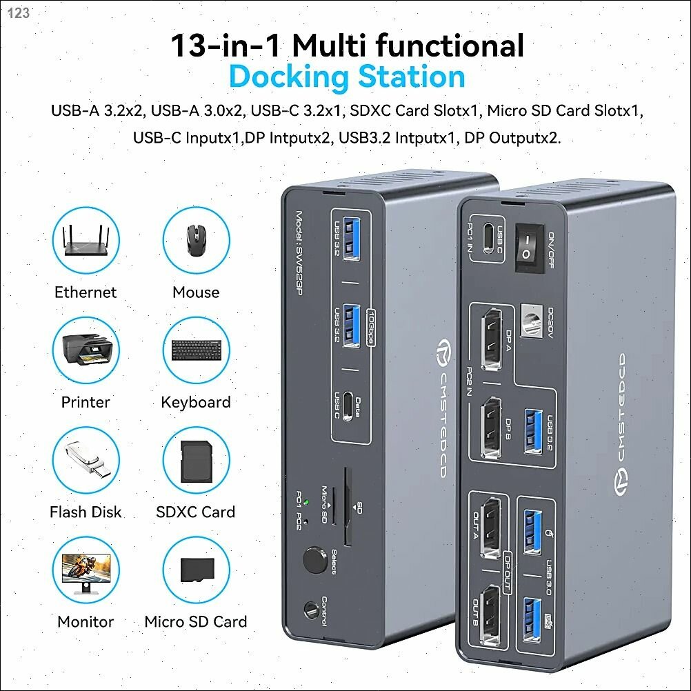 USB C DP переключатель Док-станция 2 ПК 2 монитора 4K@120 Гц USB 3.2 Устройства Поддержка зарядки PD до 100 Вт