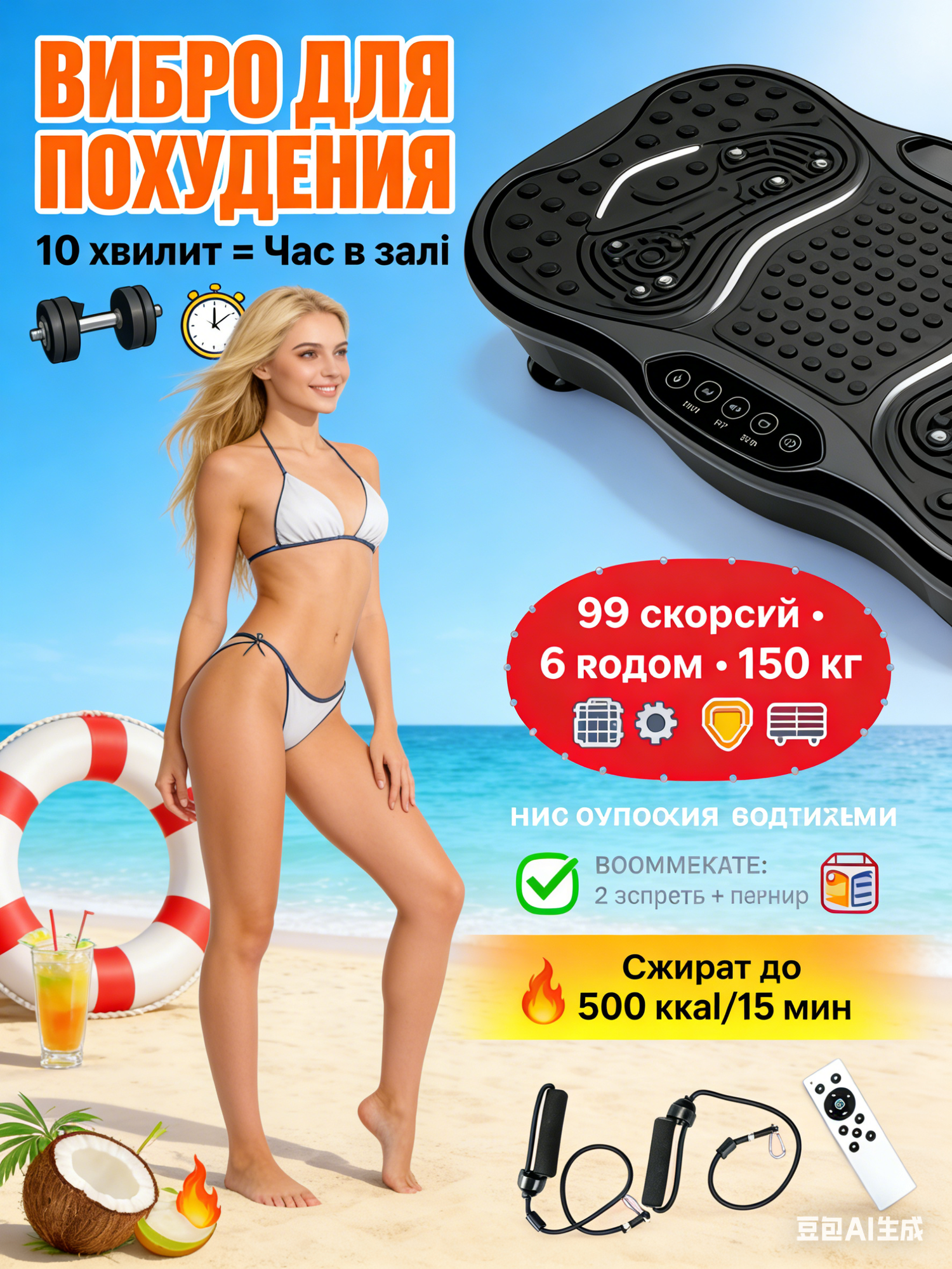 Виброплатформа для похудения, тренажёр для занятий дома, 99 скоростей, эспандеры 2 шт, черный с Bluetooth