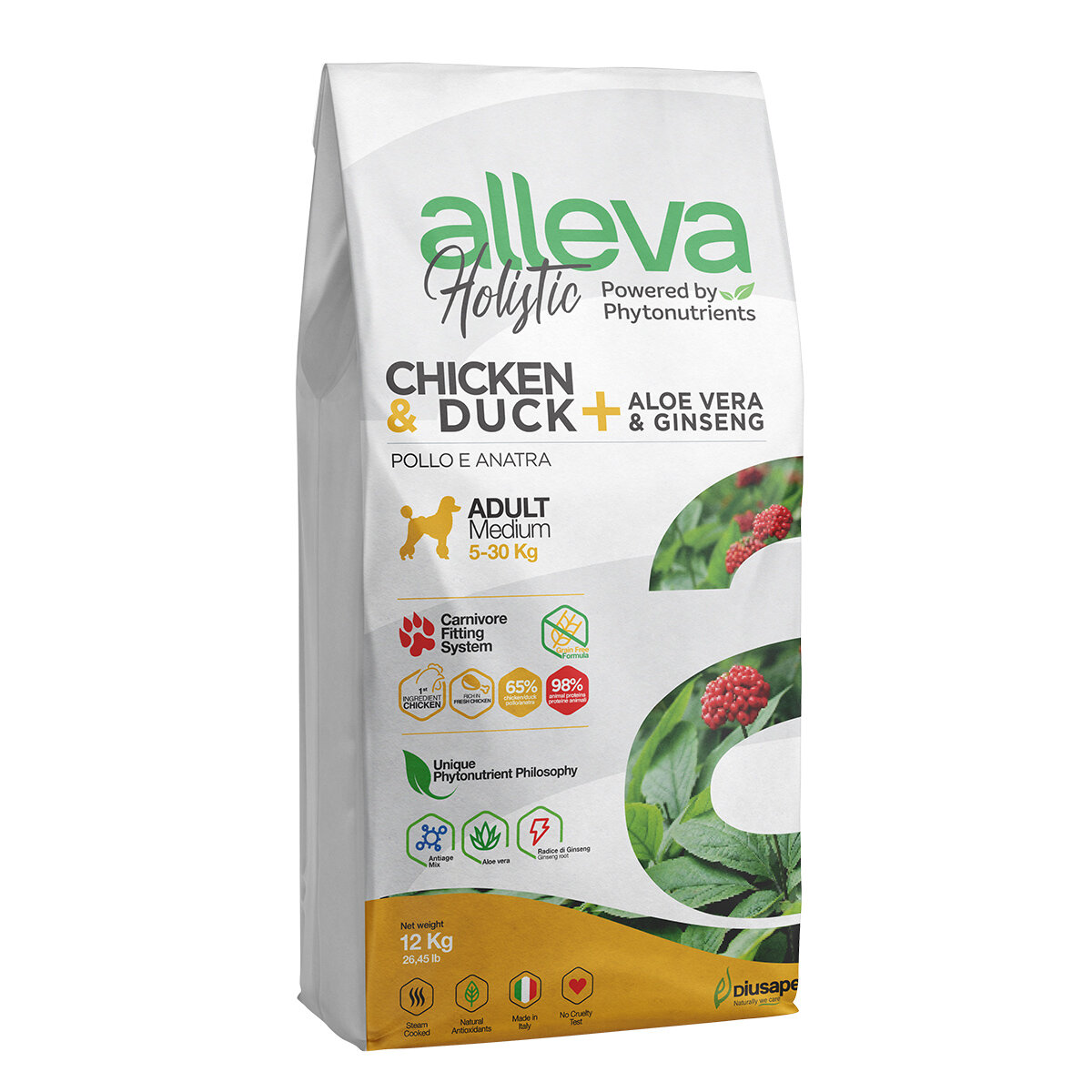 ALLEVA HOLISTIC ADULT DOG MEDIUM CHICKEN & DUCK беззерновой для взрослых собак средних пород с курицей, уткой, алоэ вера и женьшенем (12 кг)