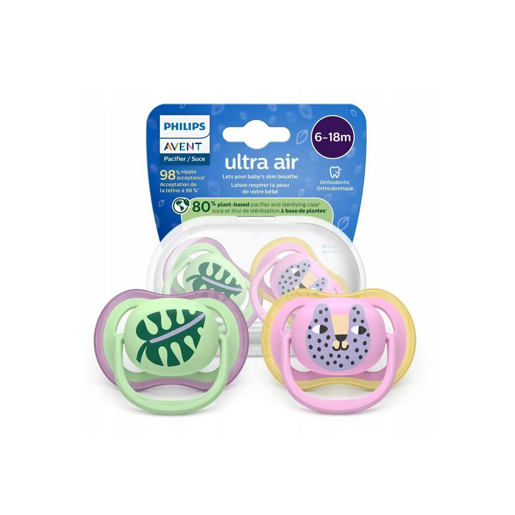 Пустышка Philips Avent Ultra Air SCF087/13 6-18 мес, розовый/зеленый, 2 шт