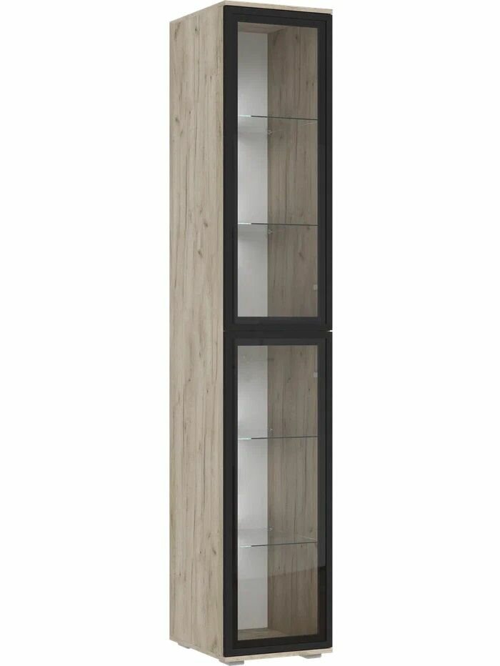 Шкаф пенал с полками напольный Норд со стеклом, 40х51х223.6 см, Дуб крафт серый