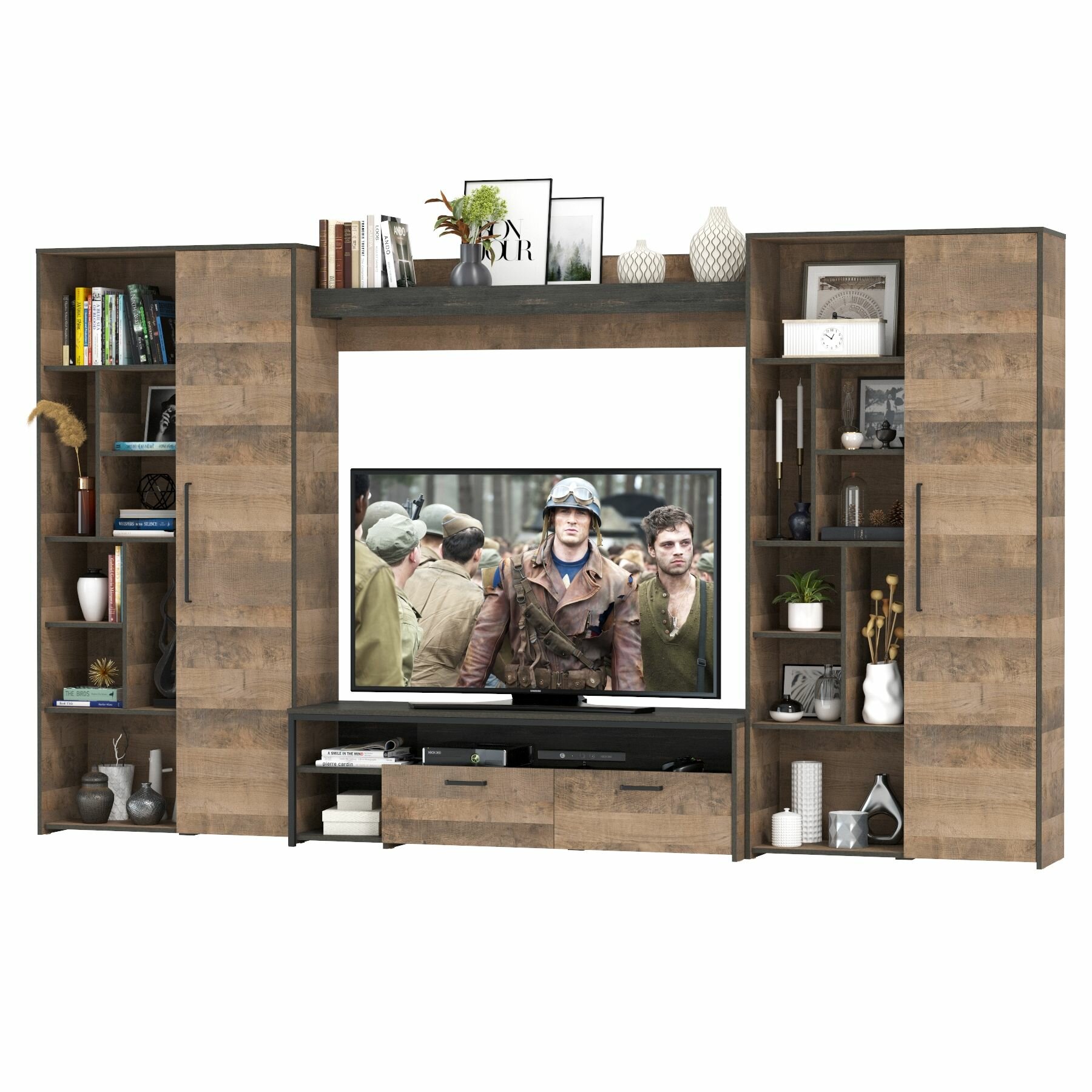 Большая стенка в гостиную в лофт стиле Трувор № 75, цвет дуб гранж песочный/интра, ШхГхВ 335,8х45,4х194,2 см.