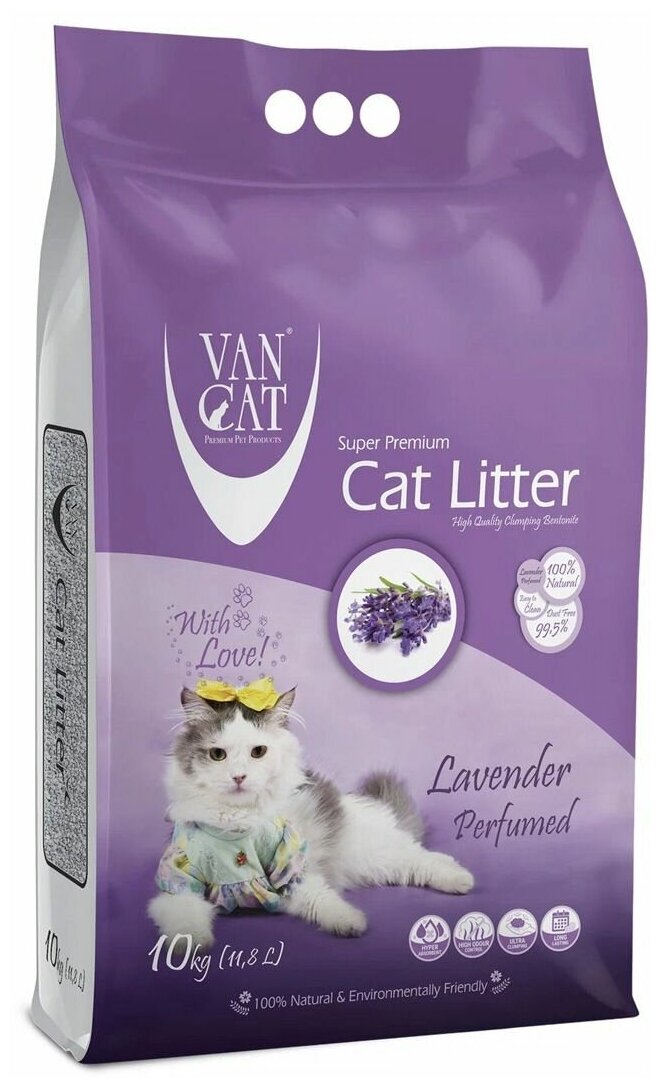 VAN CAT LAVENDER 10кг Наполнитель комкующийся для кошачьего туалета с ароматом лаванды