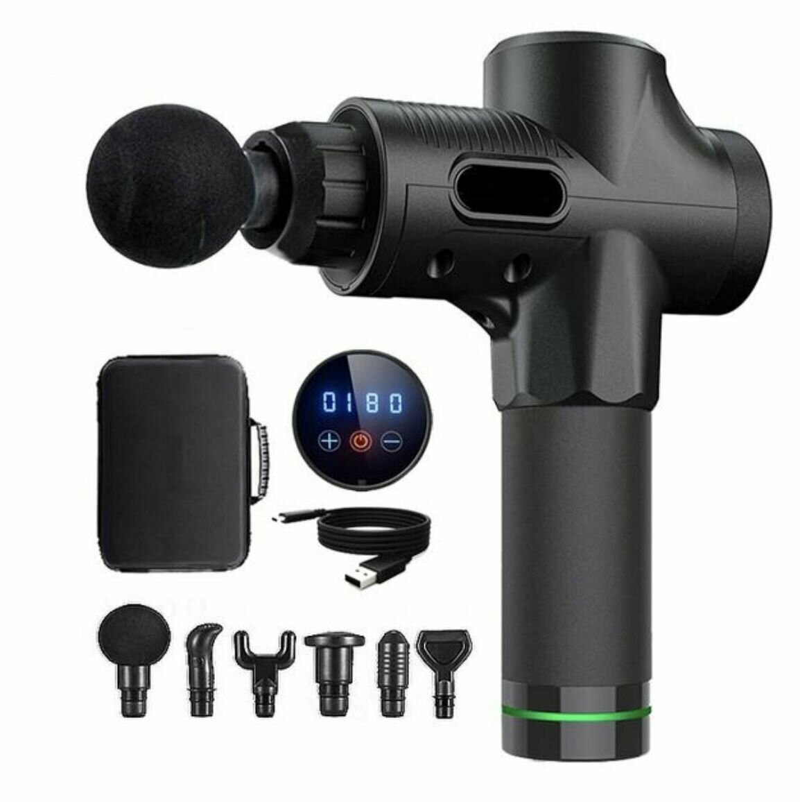 Перкуссионный массажер пистолет для шеи, ног, плеч, спины и тела/ вибрационный ударный электромассажер 30 режимов, 6 насадок