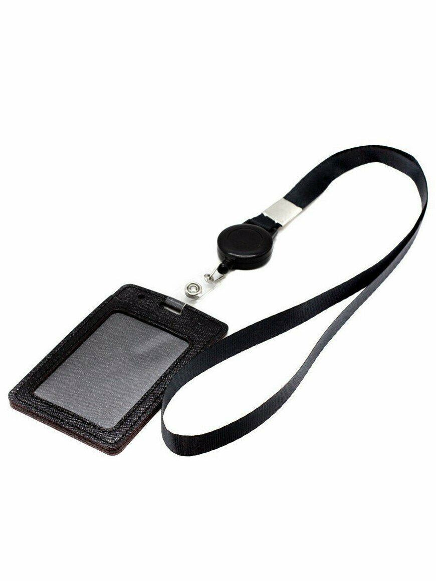 Бейдж для пропуска на ленте / Бейджик с рулеткой-ретрактором и карманом для карт (черный)
