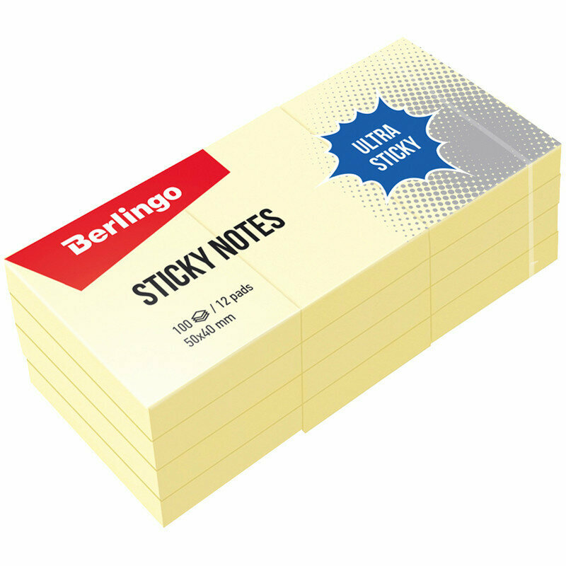 Самоклеящийся блок Berlingo "Ultra Sticky", 50*40мм, 12 блоков по 100л, пастель, желтый, 270271