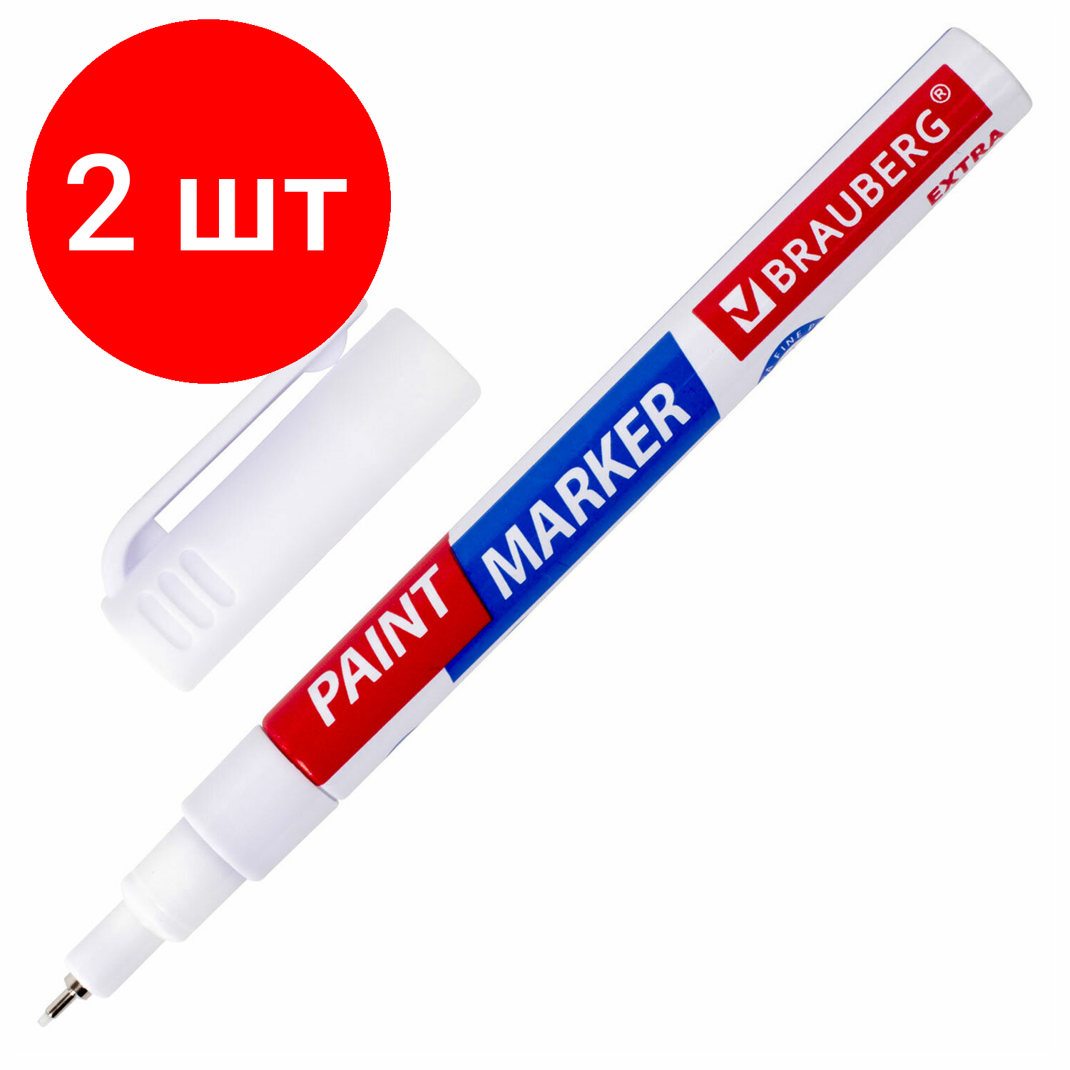 Комплект 2 шт, Маркер-краска лаковый EXTRA (paint marker) 1 мм, белый, улучшенная нитро-основа, BRAUBERG, 151959
