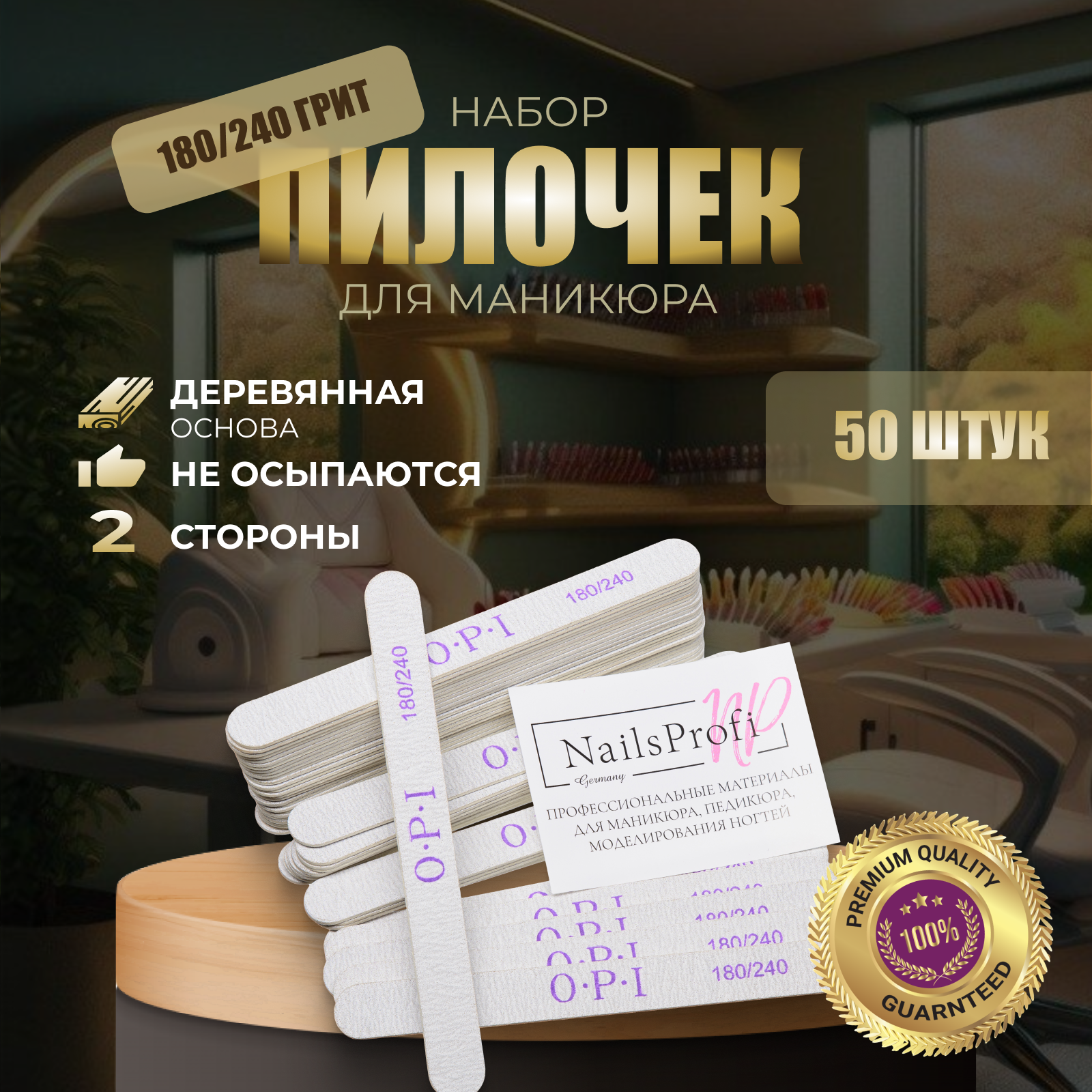 NailsProfi, Пилки для ногтей OPI, прямые, 180/240, 50 шт, набор, пилки, пилочки для маникюра