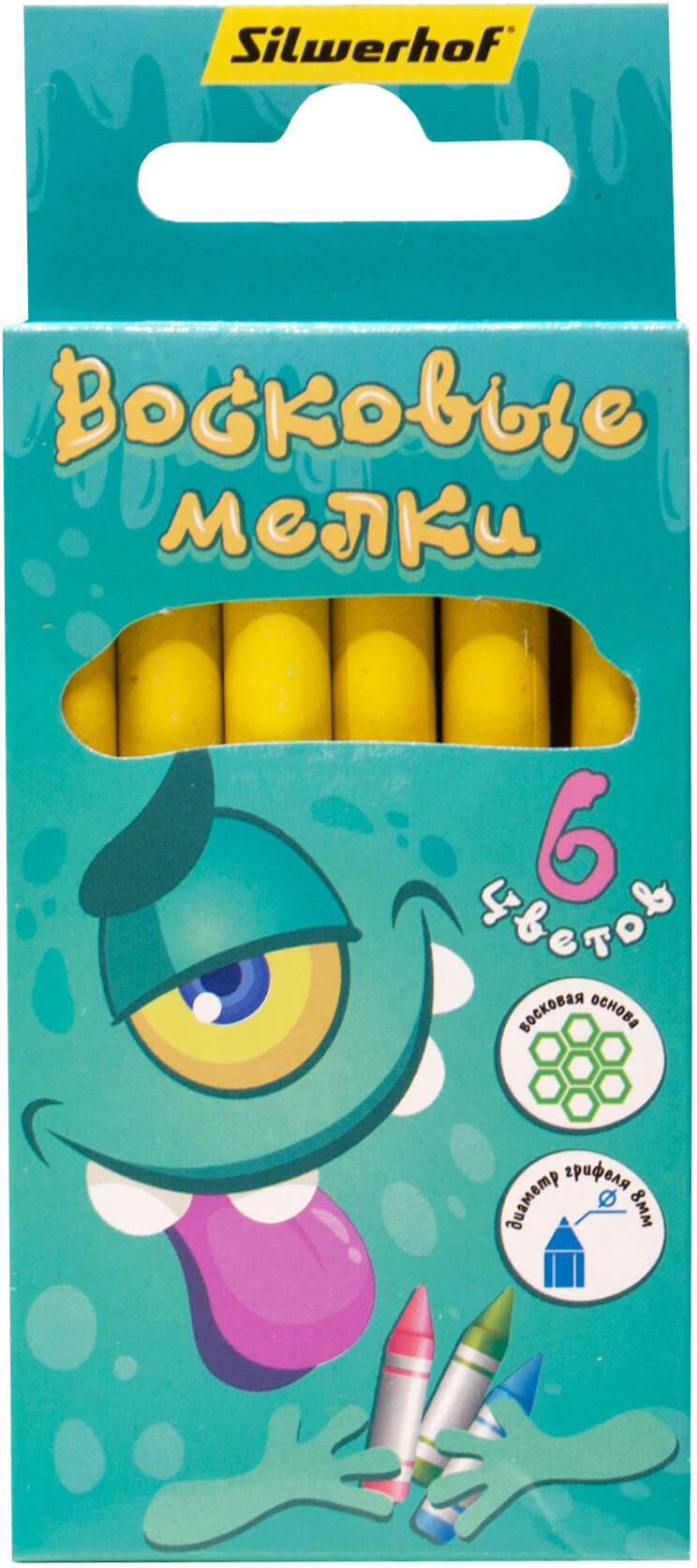 Восковые мелки Silwerhof Монстрики круглые 6цв. дл.89ммд.8мм картон. кор./европод