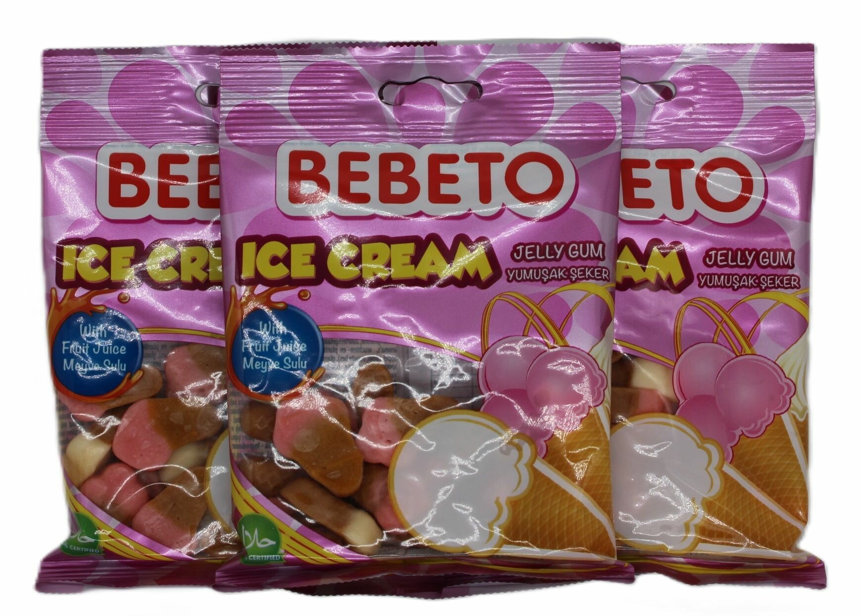 Жевательный мармелад BEBETO ICE CREAM со вкусом клубники, сливок и вафел 12шт по 80гр