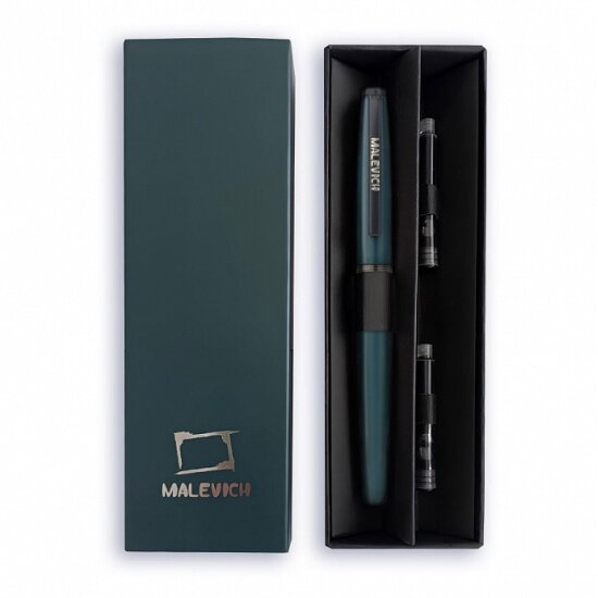 Ручка перьевая Малевичъ с конвертером, перо EF 0,4 мм, набор с двумя картриджами (индиго, черный), цвет: серый "