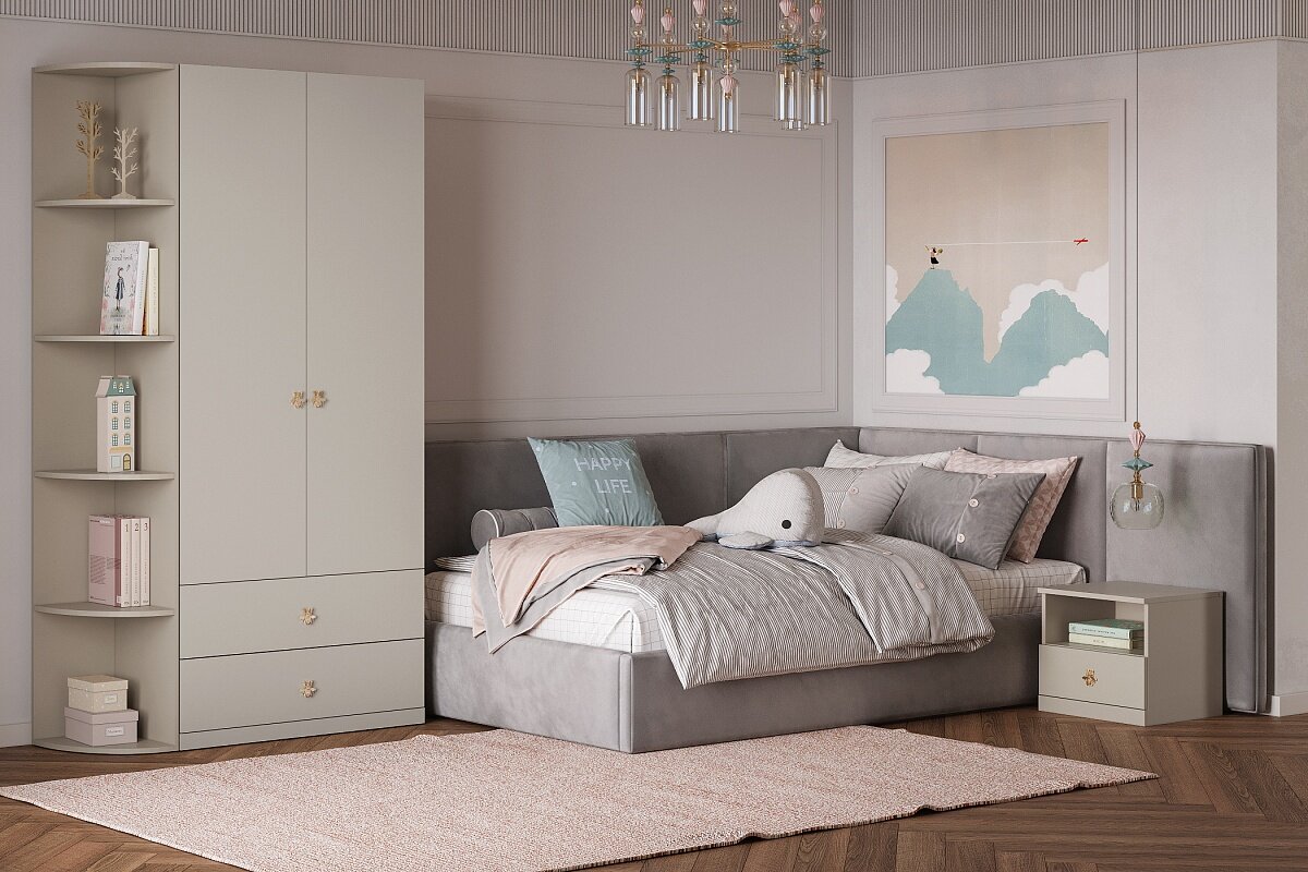 Детская стенка МебельЛэнд24 Скарабей Mini - 2 Кашемир 175x52x210 бежевый со шкафом с тумбой